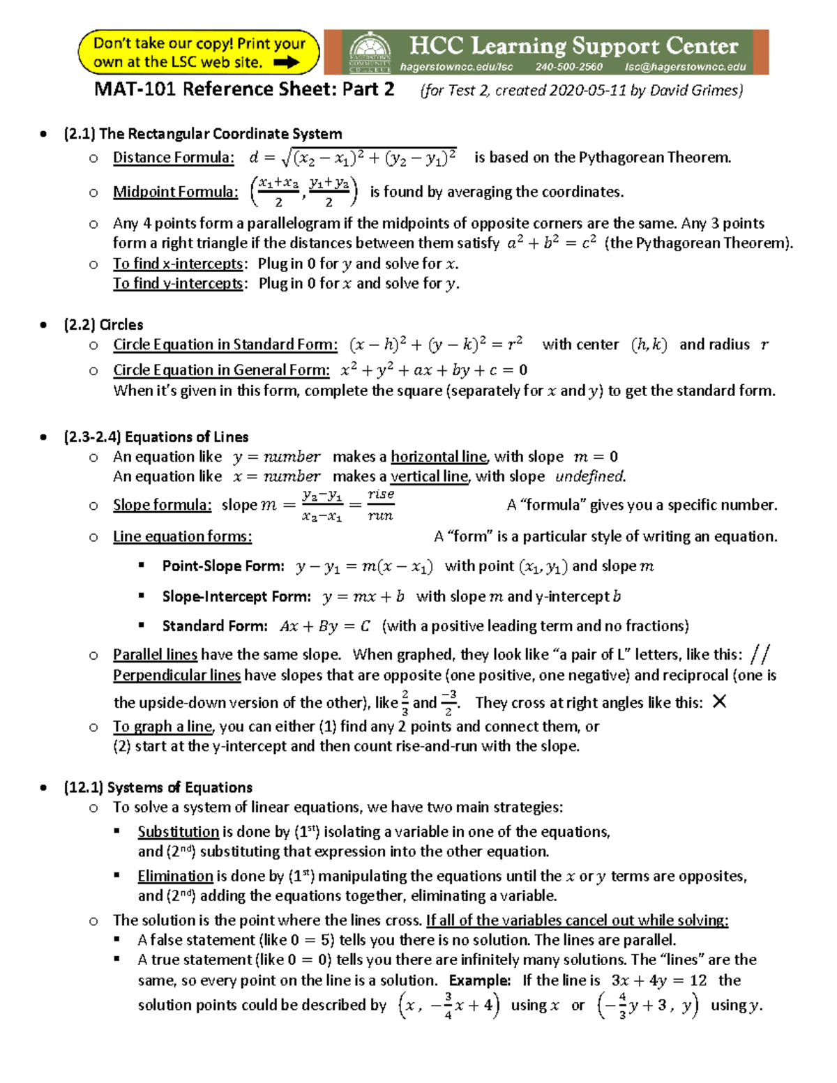 MAT 101 Reference Sheet - Part 2 - MAT‐101 Reference Sheet: Part 2 ...