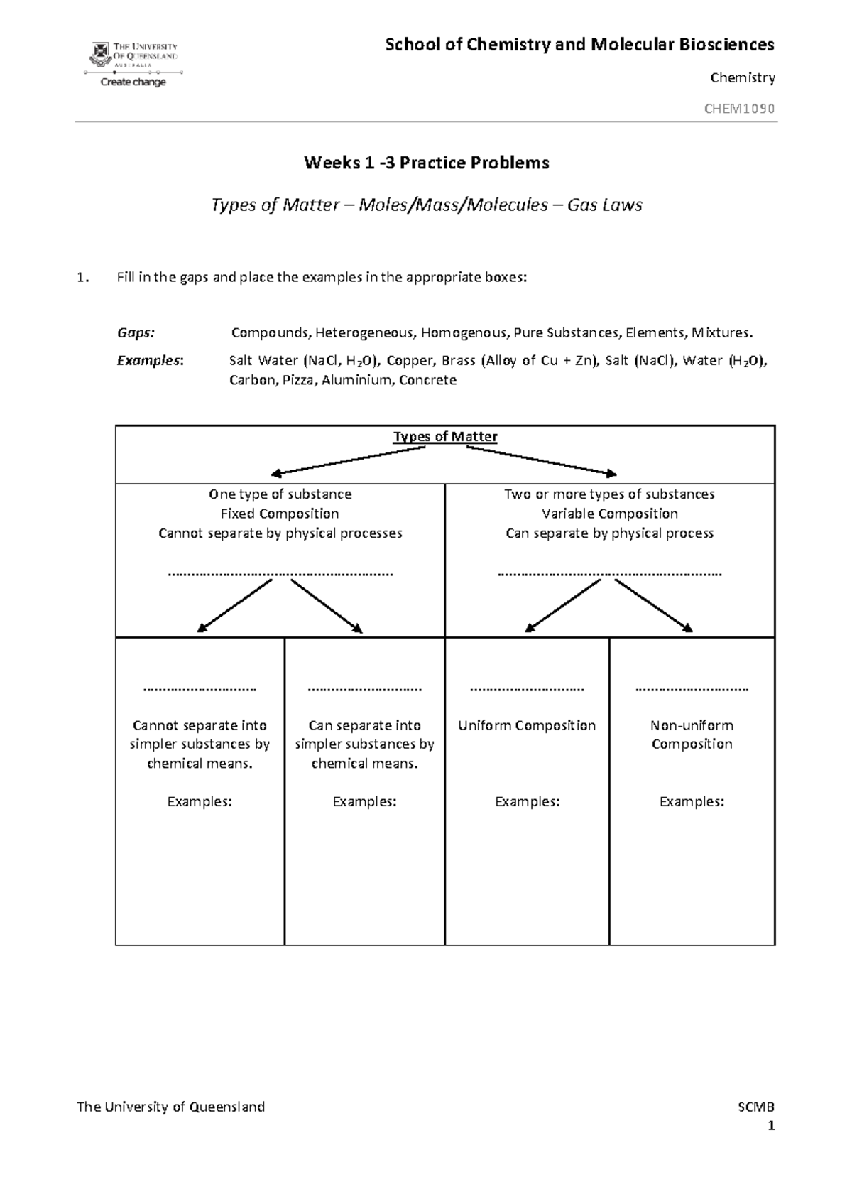CHEM1090 - Week 1-3 PASS Worksheet - Chemistry CHEM The University of ...