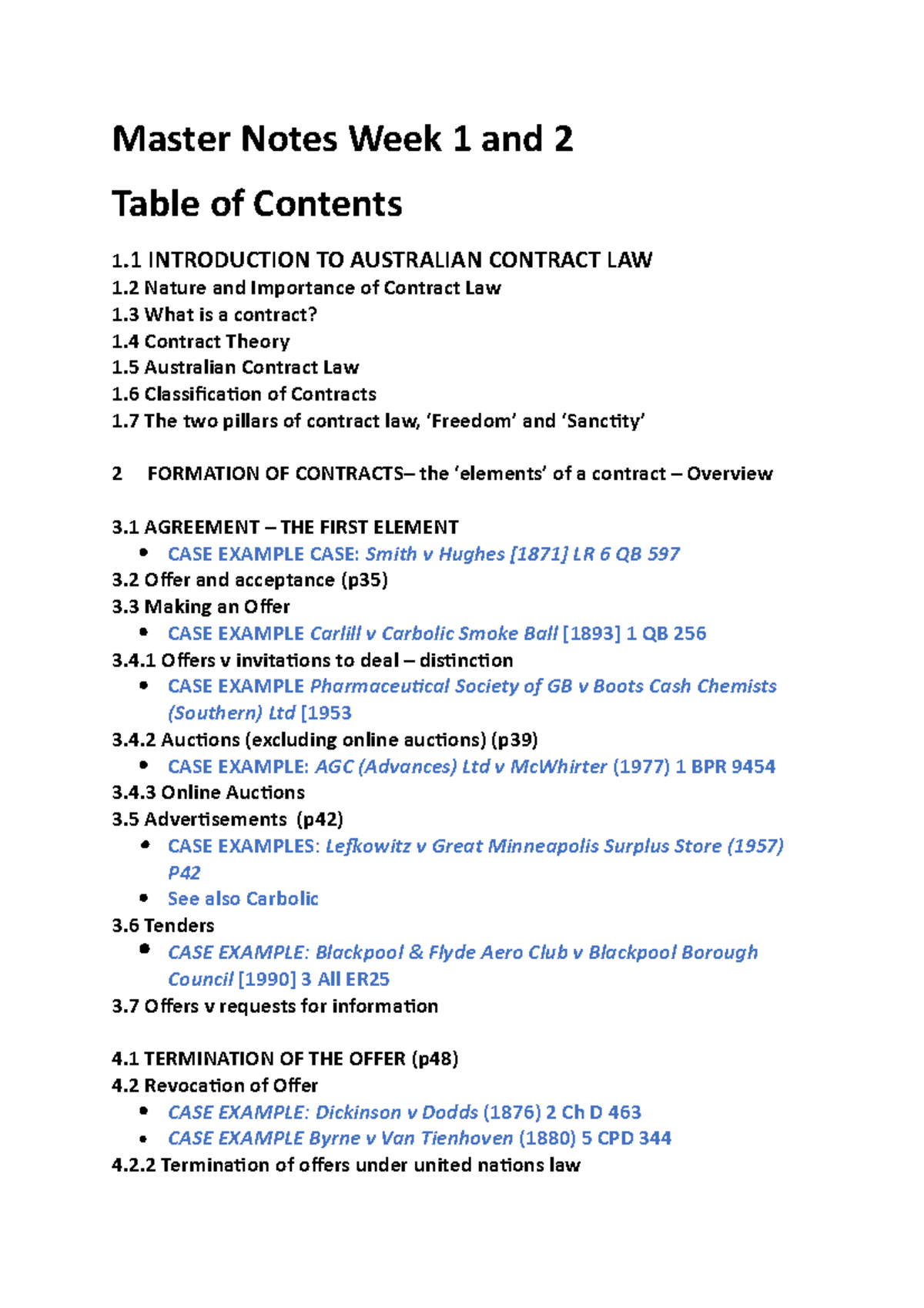 Week 1&2 Contract Law Master Notes 2018 SD - Master Notes Week 1 and 2 ...