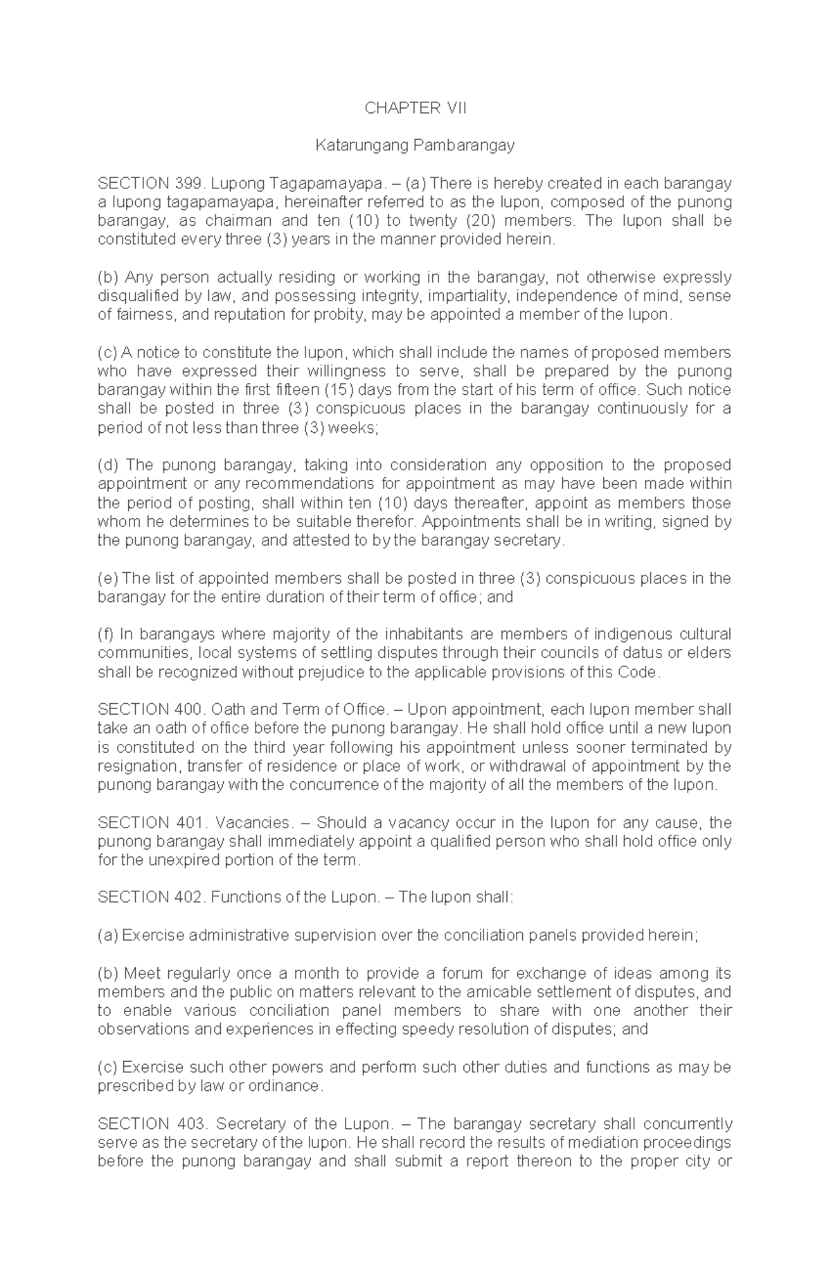 Katarungang Pambarangay LGC 1991 Sections 399 to 422 Chapter 7 Title 1 Book II - CHAPTER VII ...