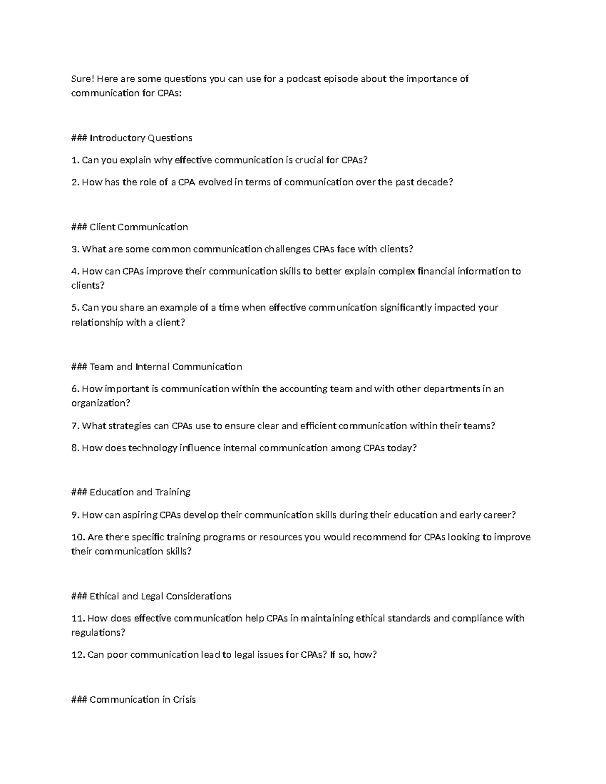 PurCom Communication Questions - Sure! Here are some questions you can use for a podcast episode ...