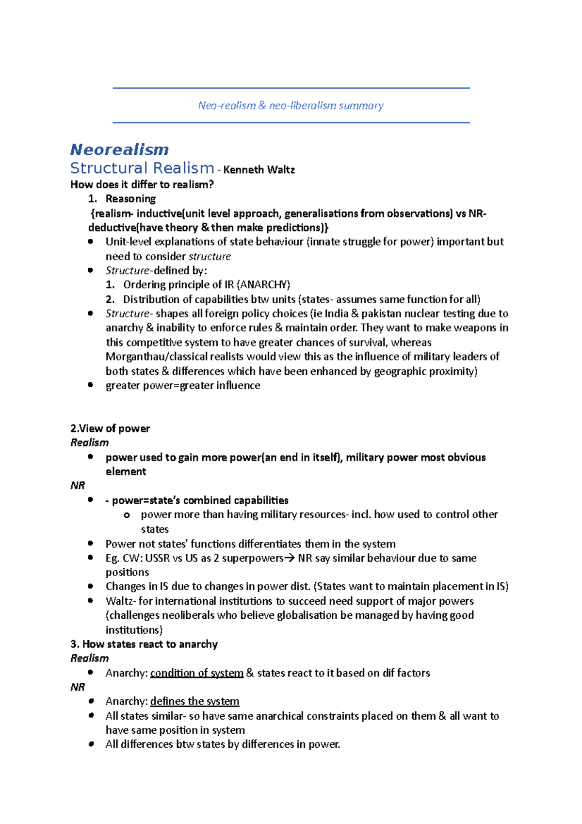 Neo-realism & neo-liberalism summary - summary Neorealism Structural ...