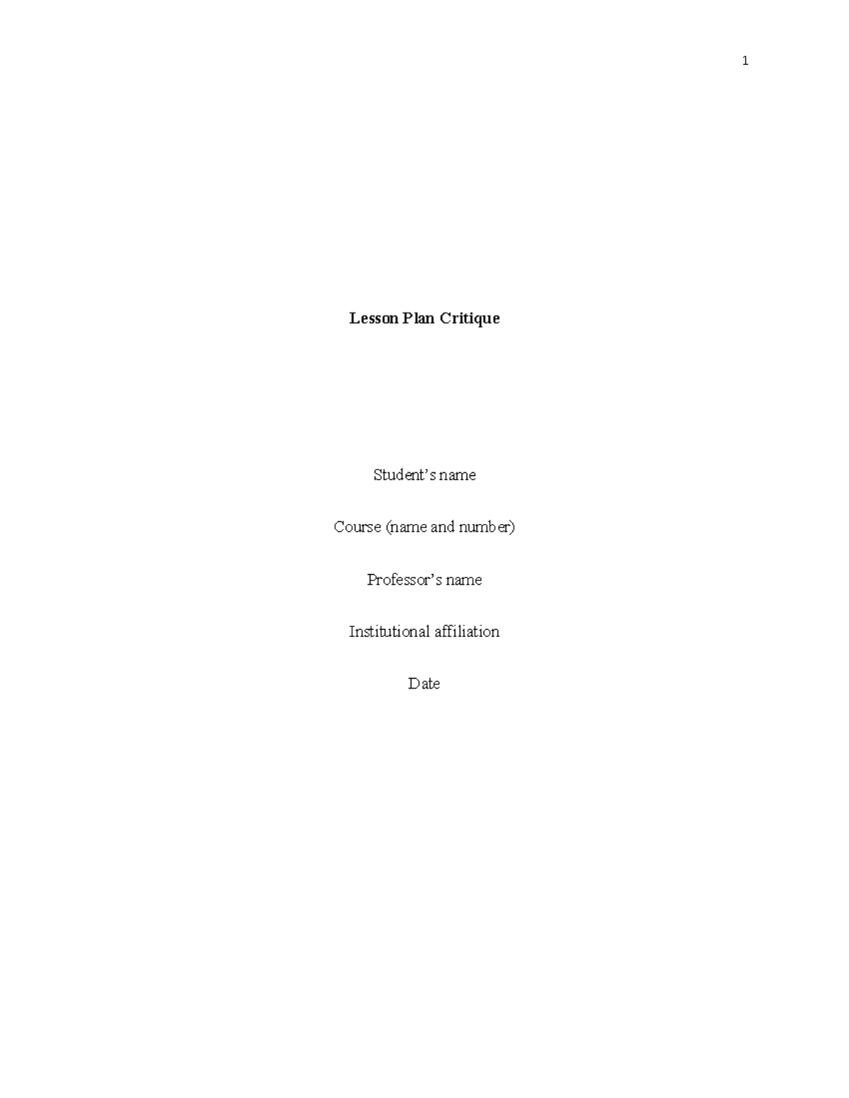 Lesson Plan Critique - BEST - Lesson Plan Critique Student’s name ...