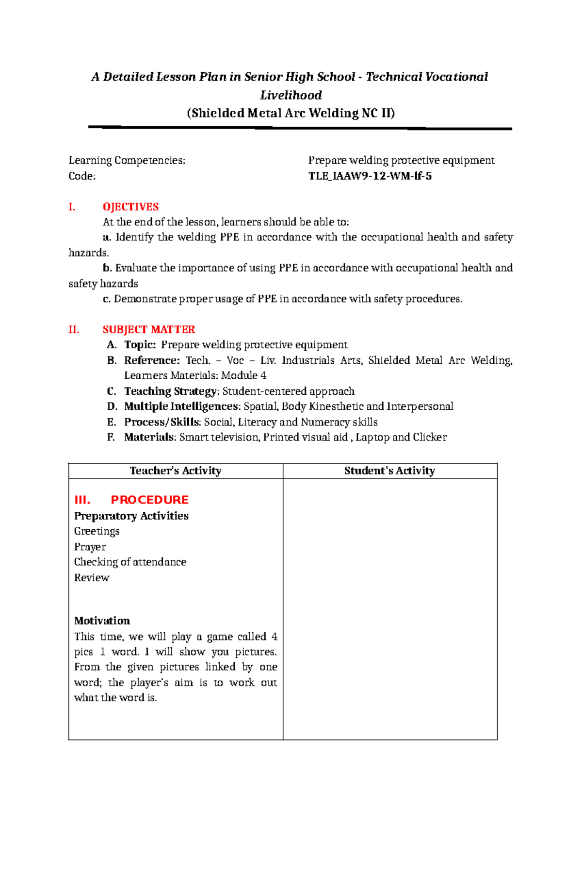 SHS-TVL-DLP - A DETAILED LESSON PLAN IN SMAW - A Detailed Lesson Plan in Senior High School ...