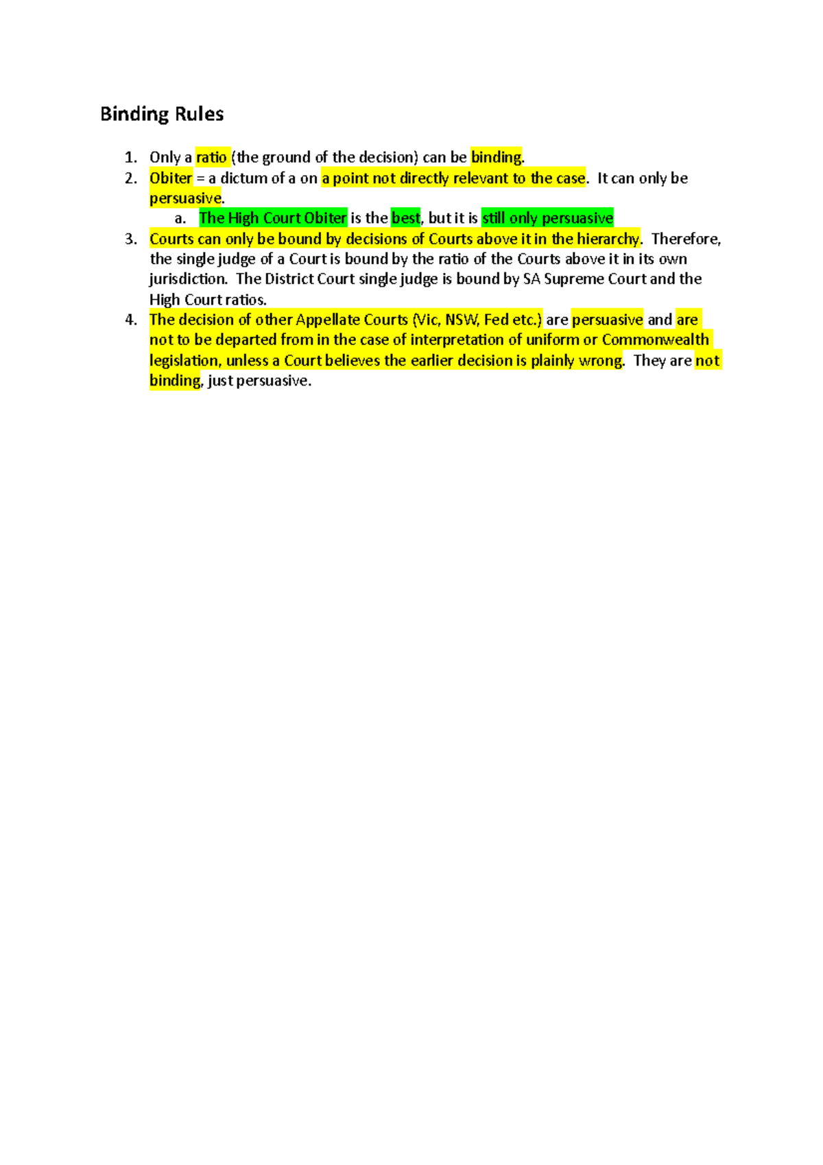 Binding Rules - Summary notes of obiter and ratio. - Binding Rules Only ...