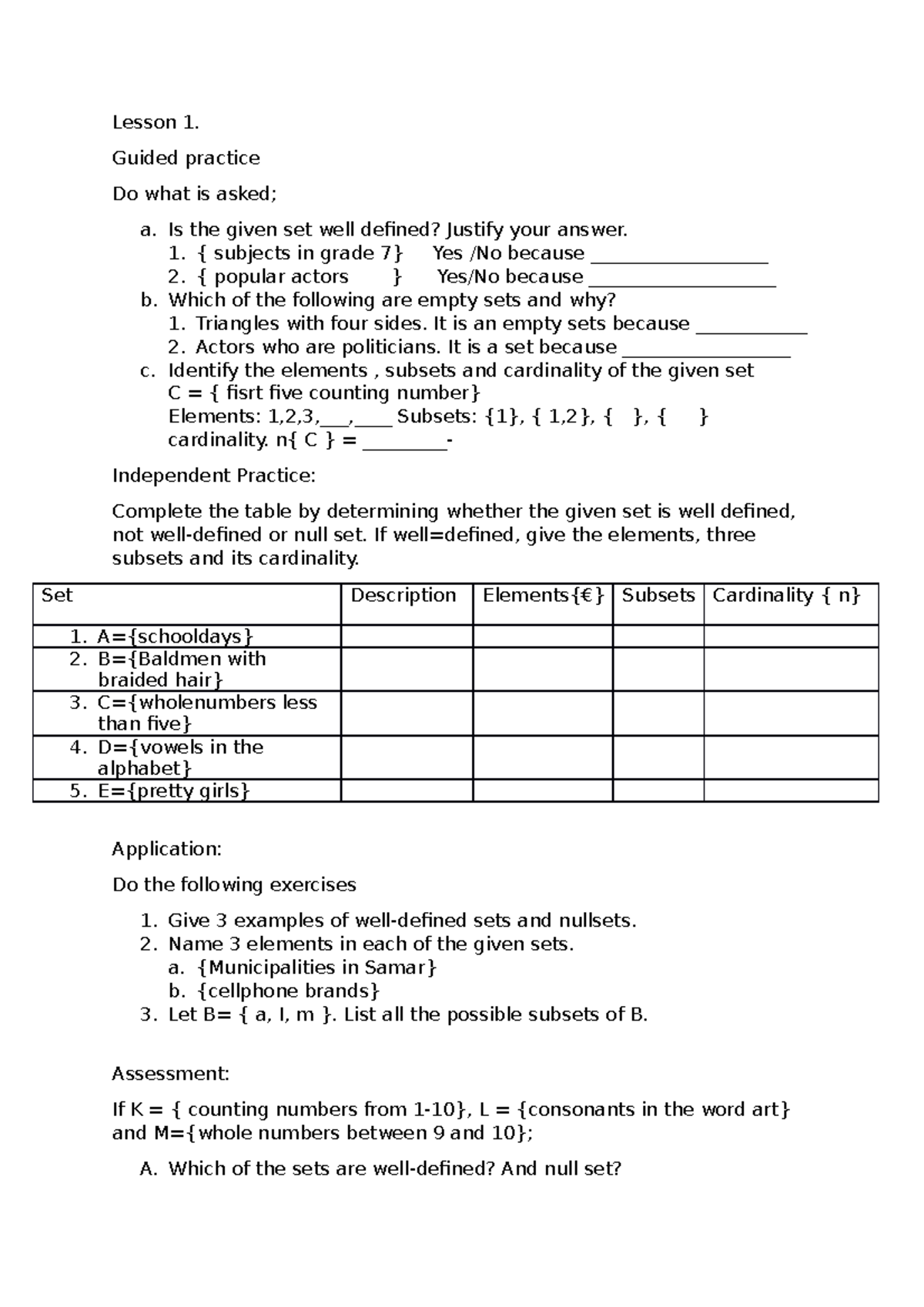 Grade 7 math lesson 1 - ASSORTED NOTES - Lesson 1. Guided practice Do ...