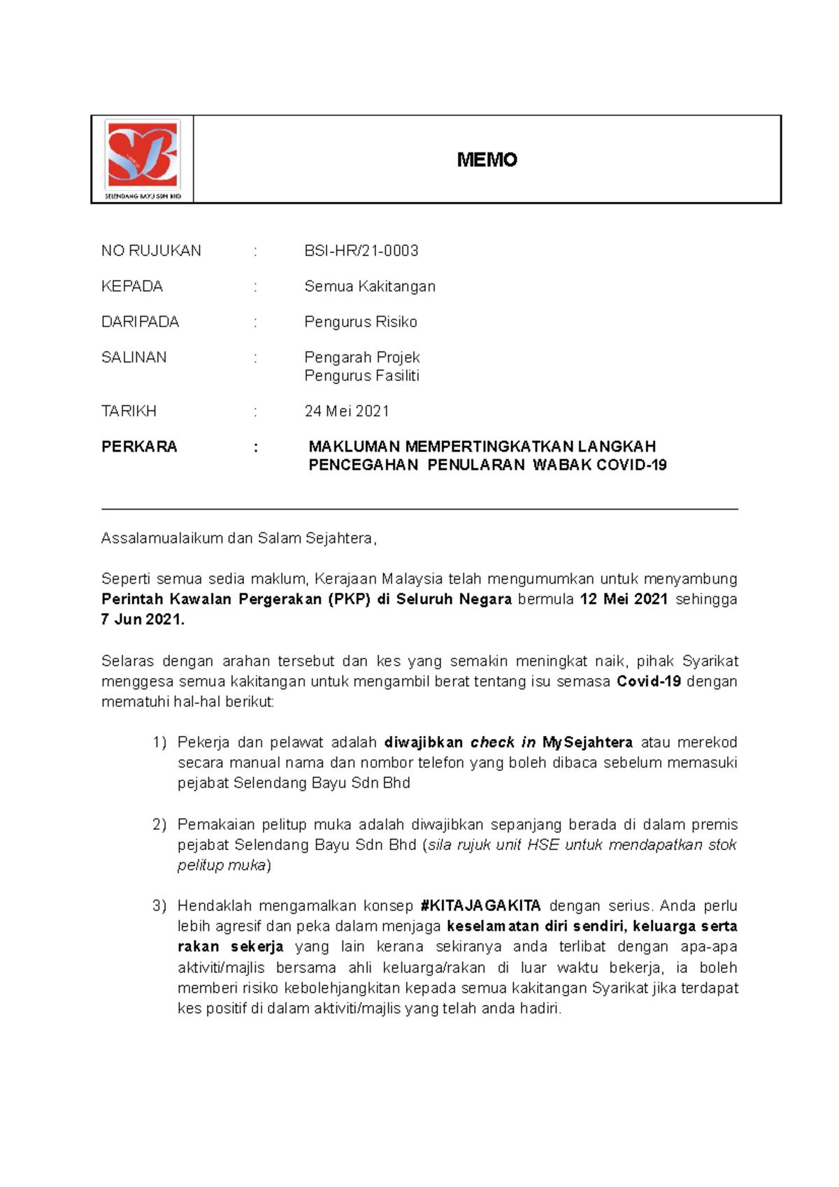 MEMO- Makluman Pencegahan Covid 19 (3.0) - MEMO NO RUJUKAN : BSI-HR/21 ...
