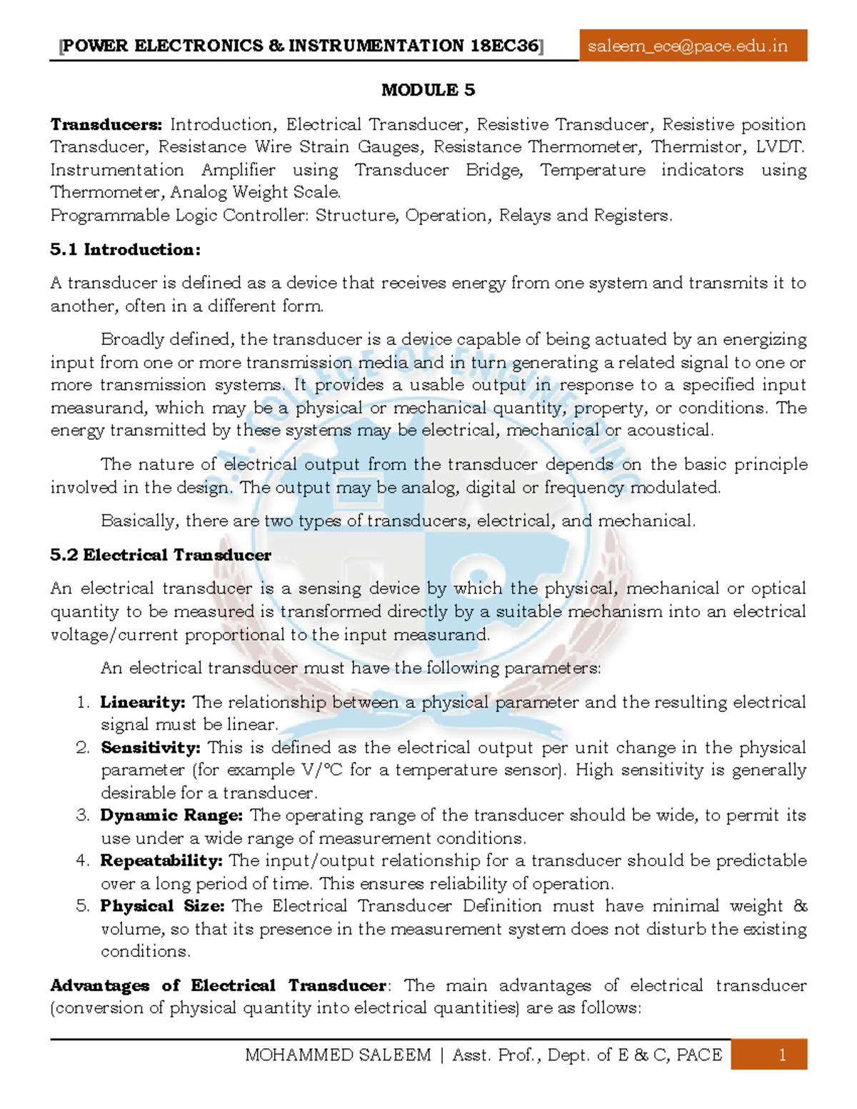 Module 3 NOTES S&I - MODULE 5 Transducers: Introduction, Electrical ...