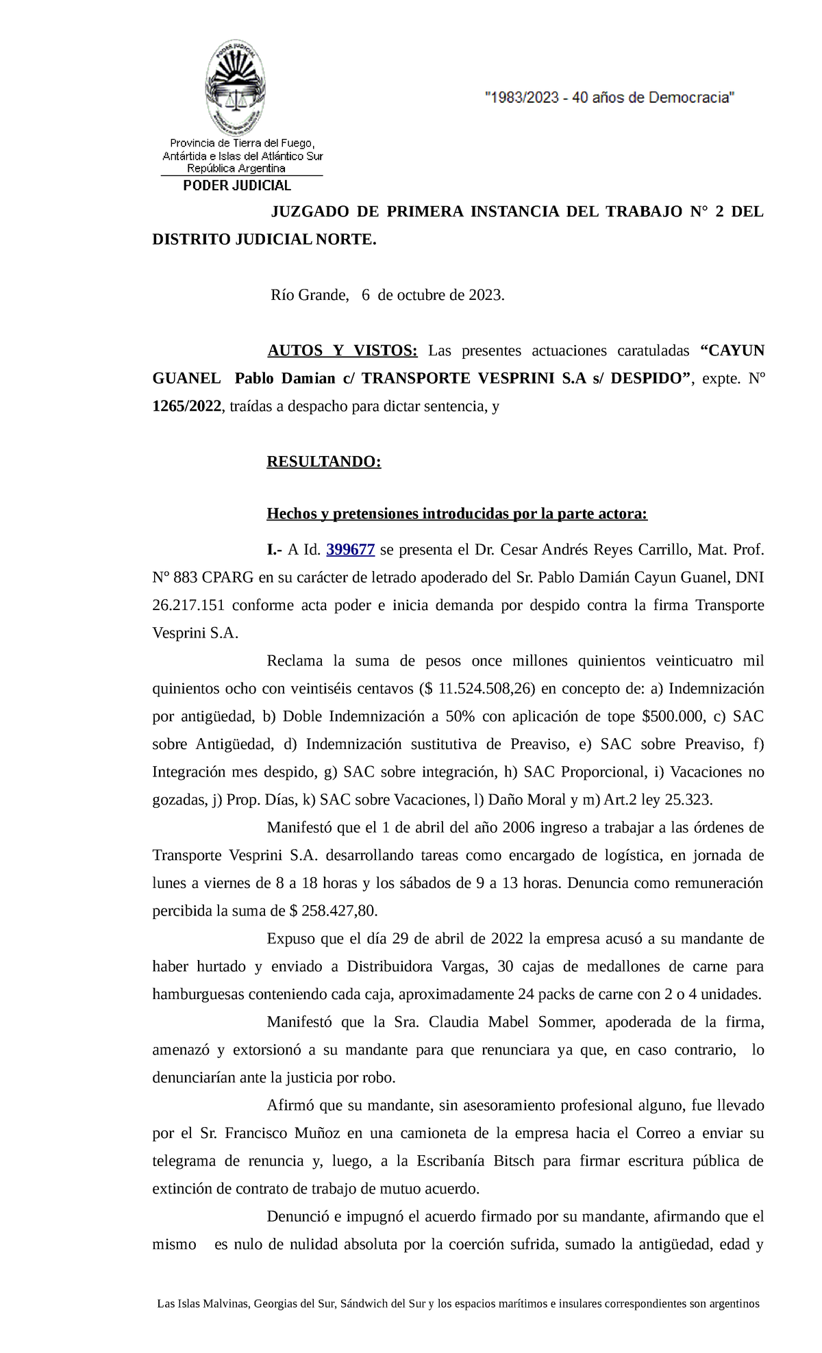 Cayun Definitiva Primera Instancia - JUZGADO DE PRIMERA INSTANCIA DEL ...