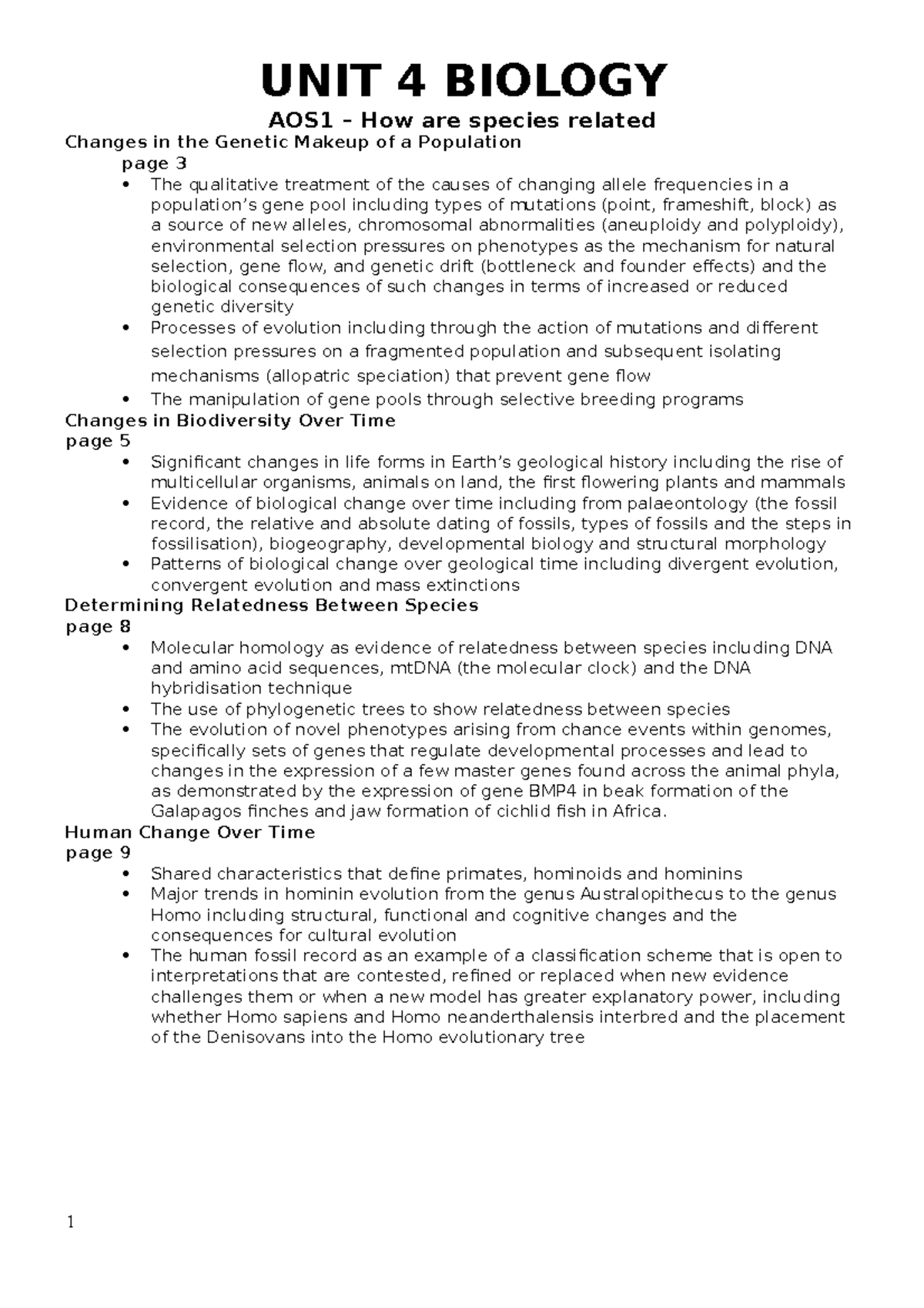 UNIT 4 Biology Notes AOS1 How Are Species Related Changes In The UNIT 4 Biology Notes AOS1 How Are Species Related Changes In The