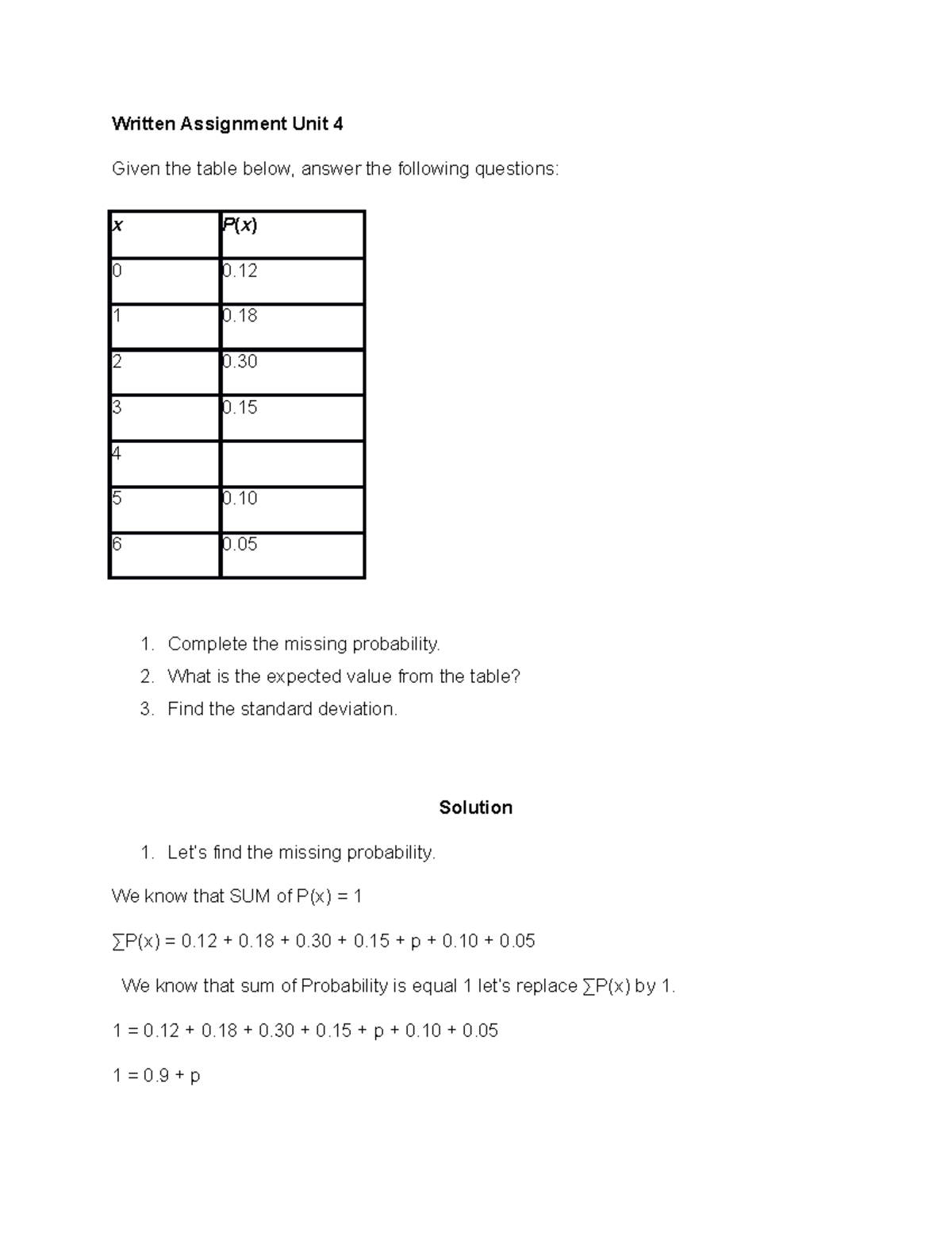 Written Assignment Unit 4 - 1 0. 2 0. 3 0. 4 5 0. 6 0. 1. Complete the missing probability. 2 ...