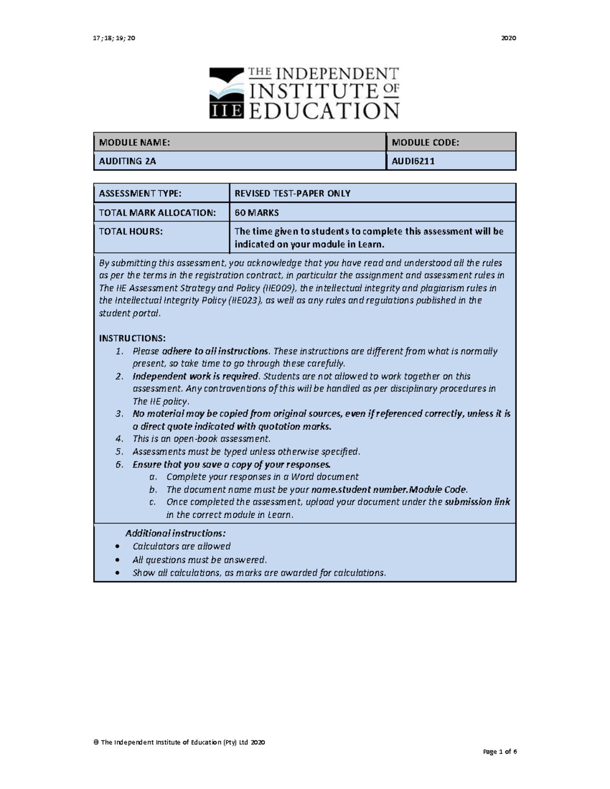 AUDITING past paper - MODULE NAME: MODULE CODE: AUDITING 2A AUDI ...