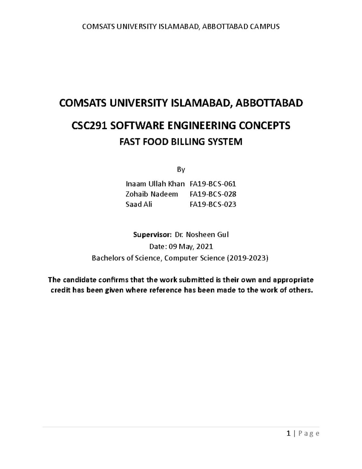 SEC Project Report - COMSATS UNIVERSITY ISLAMABAD, ABBOTTABAD CSC291 SOFTWARE ENGINEERING ...