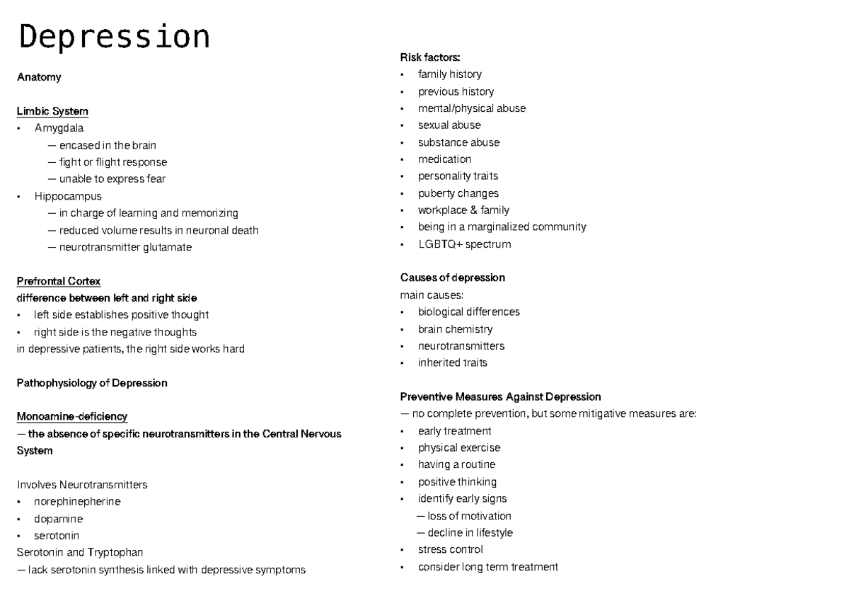 Depression anatomy, diagnosis, etc - Depression Anatomy Limbic System • Amygdala — encased in ...