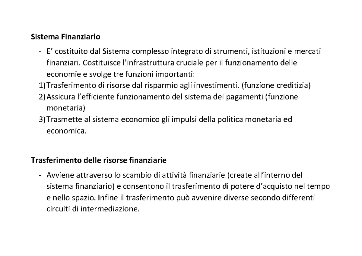 Tecnica bancaria 1 - Primo capitolo - Sistema Finanziario - E ...