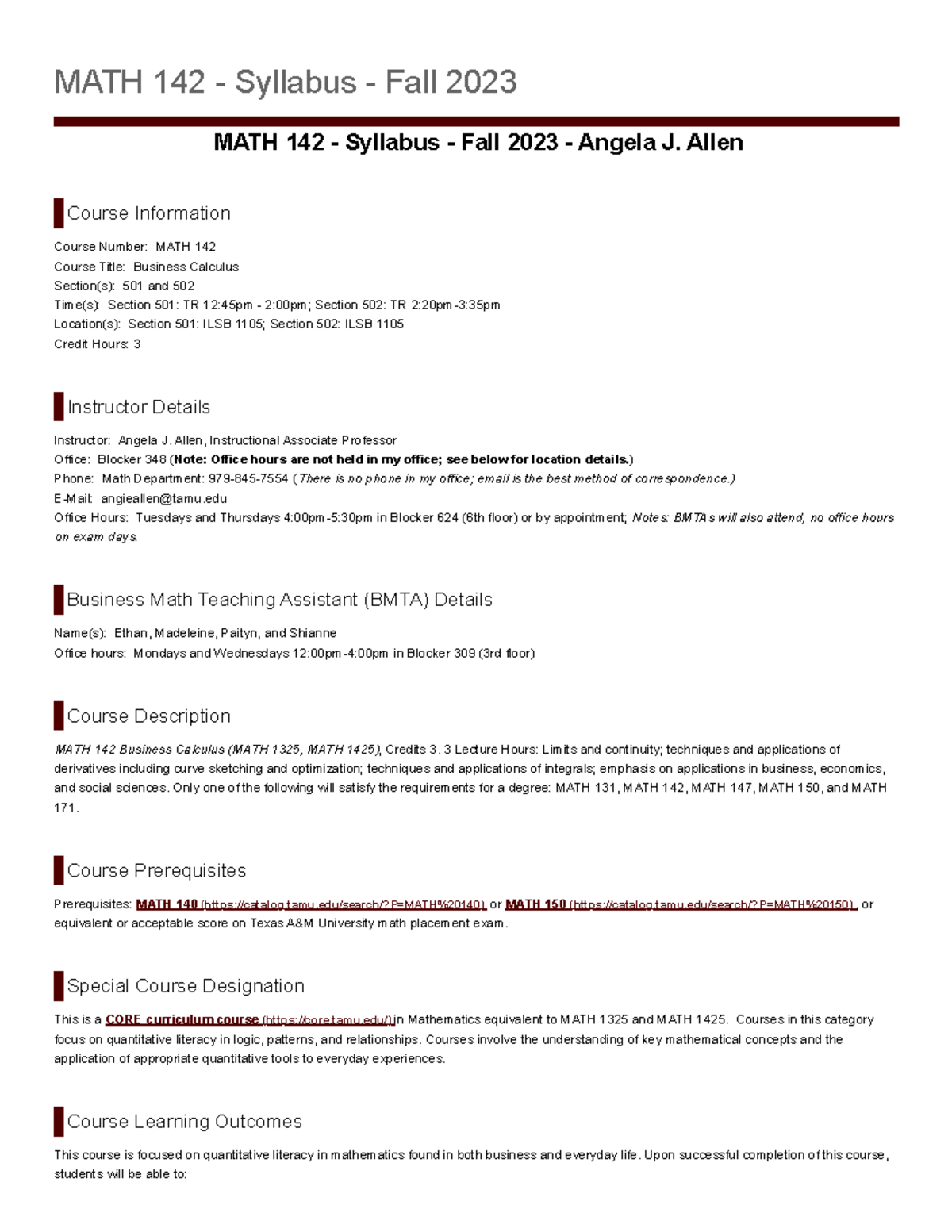 MATH 142 Syllabus - MATH 142 - Syllabus - Fall 2023 MATH 142 - Syllabus - Fall 2023 - Angela J ...