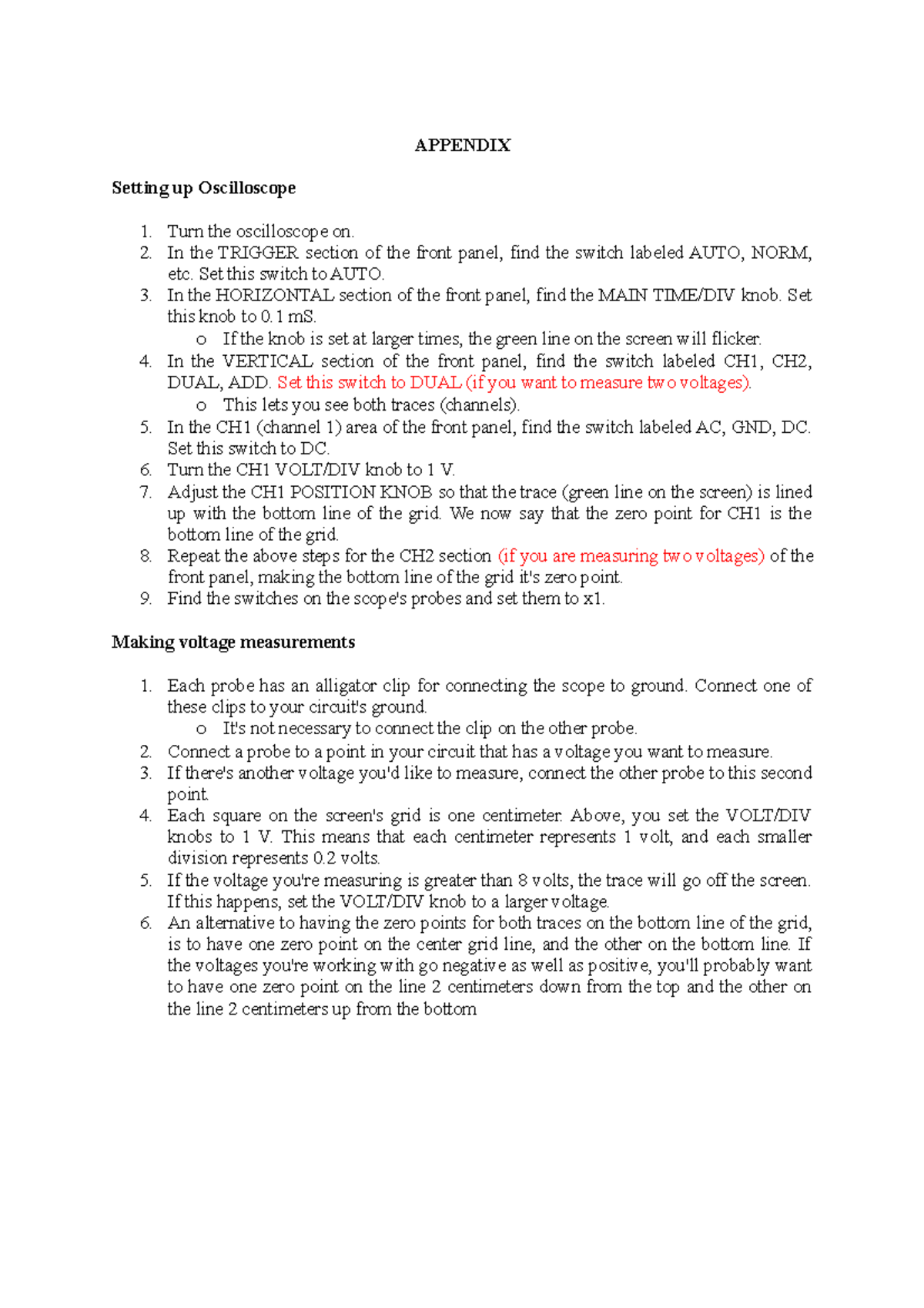 Appendix - Lab 1 - APPENDIX Setting up Oscilloscope Turn the ...