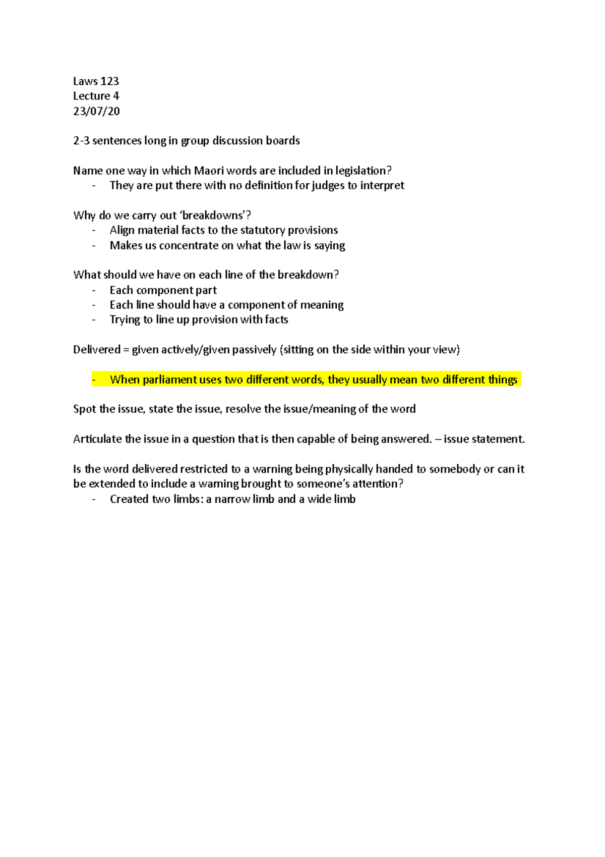 Lecture 4 - Laws 123 Lecture 4 23/07/ 2-3 sentences long in group ...