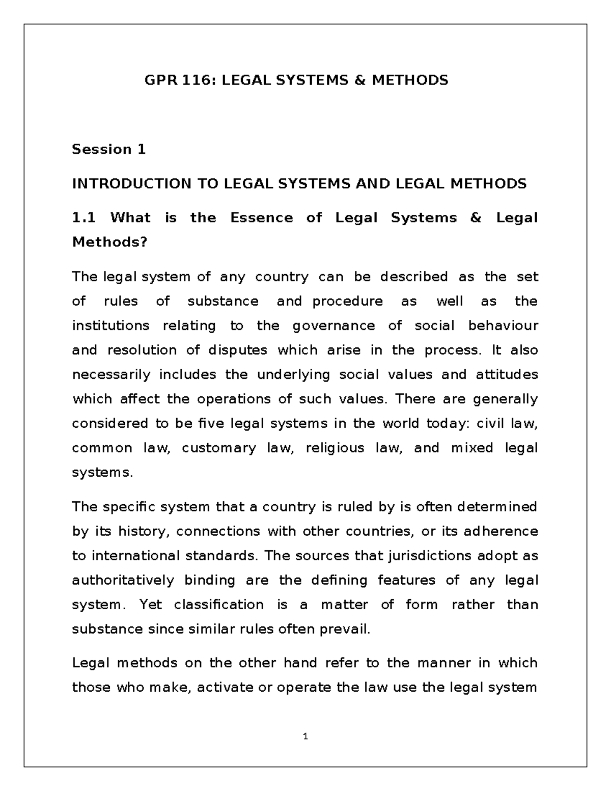 Legal Systems - GREAT - GPR 116: LEGAL SYSTEMS & METHODS Session 1 ...