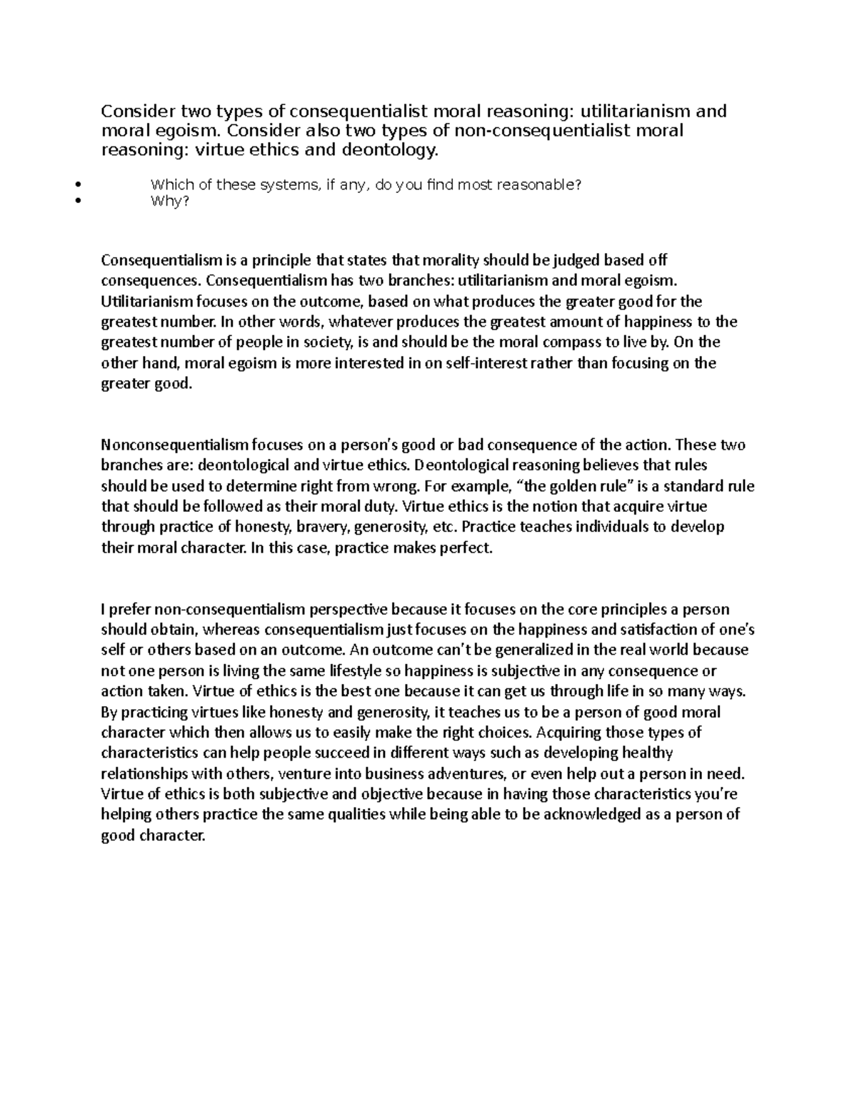 CRITdiscwk 9 - course - Consider two types of consequentialist moral ...