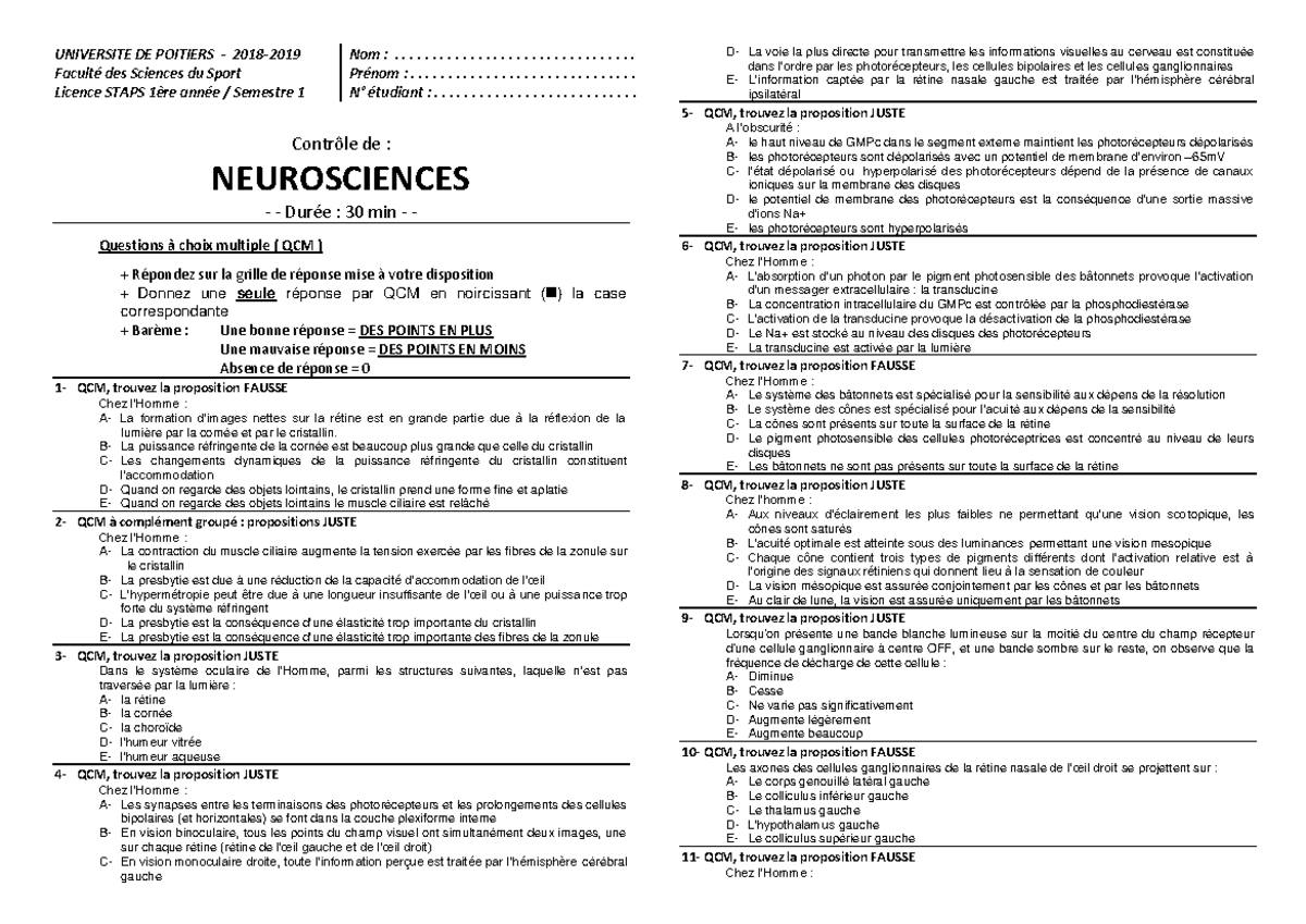 QCM APP Neuro L1 - efzre - UNIVERSITE DE POITIERS - 2018- Faculté des Sciences du Sport Licence ...