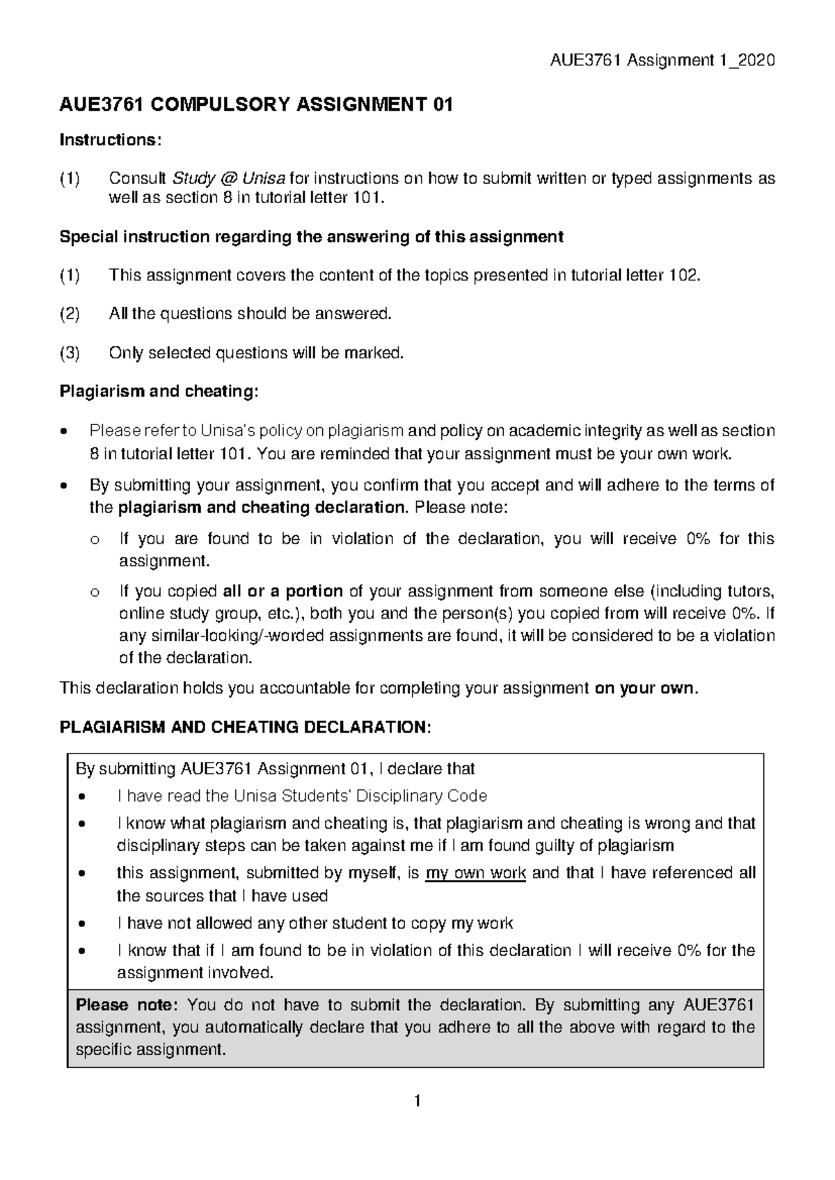 AUE3761 Compulsory Assignment 01 2020 - AUE3761 COMPULSORY ASSIGNMENT 01 Instructions: (1 ...