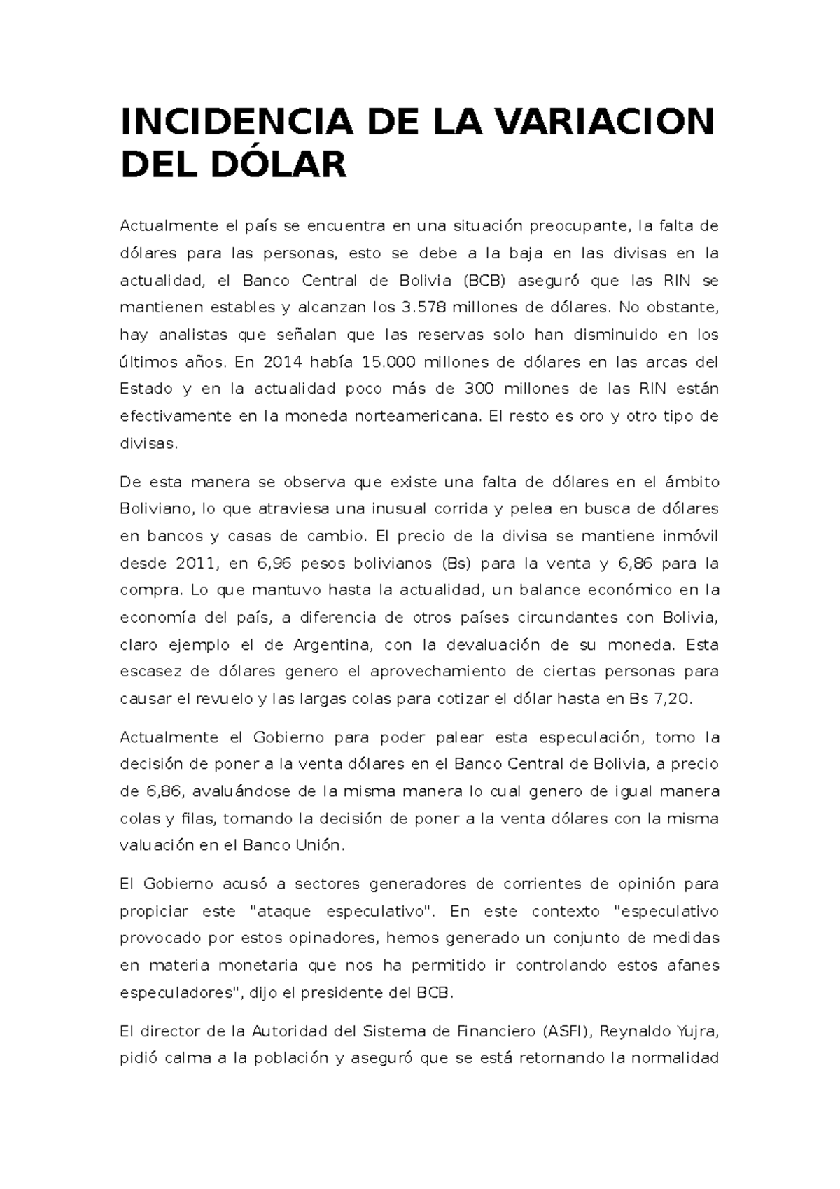 Incidencia DE LA Variacion DEL Dólar - INCIDENCIA DE LA VARIACION DEL ...