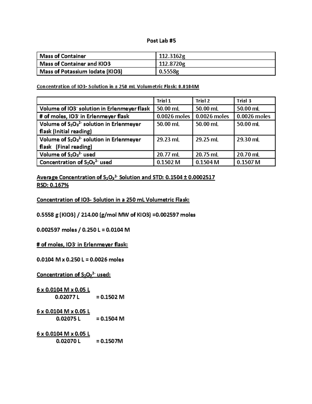 3120C Post Lab 5 - Post Lab 5 - Post Lab # Mass of Container 112 Mass ...
