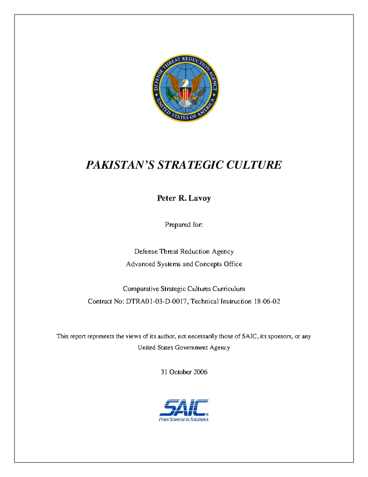 Pakistan - Nasir sir - PAKISTAN’S STRATEGIC CULTURE Peter R. Lavoy ...