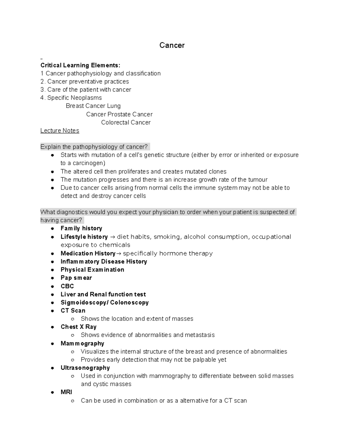 Cancer Notes - Cancer Critical Learning Elements: 1 Cancer ...