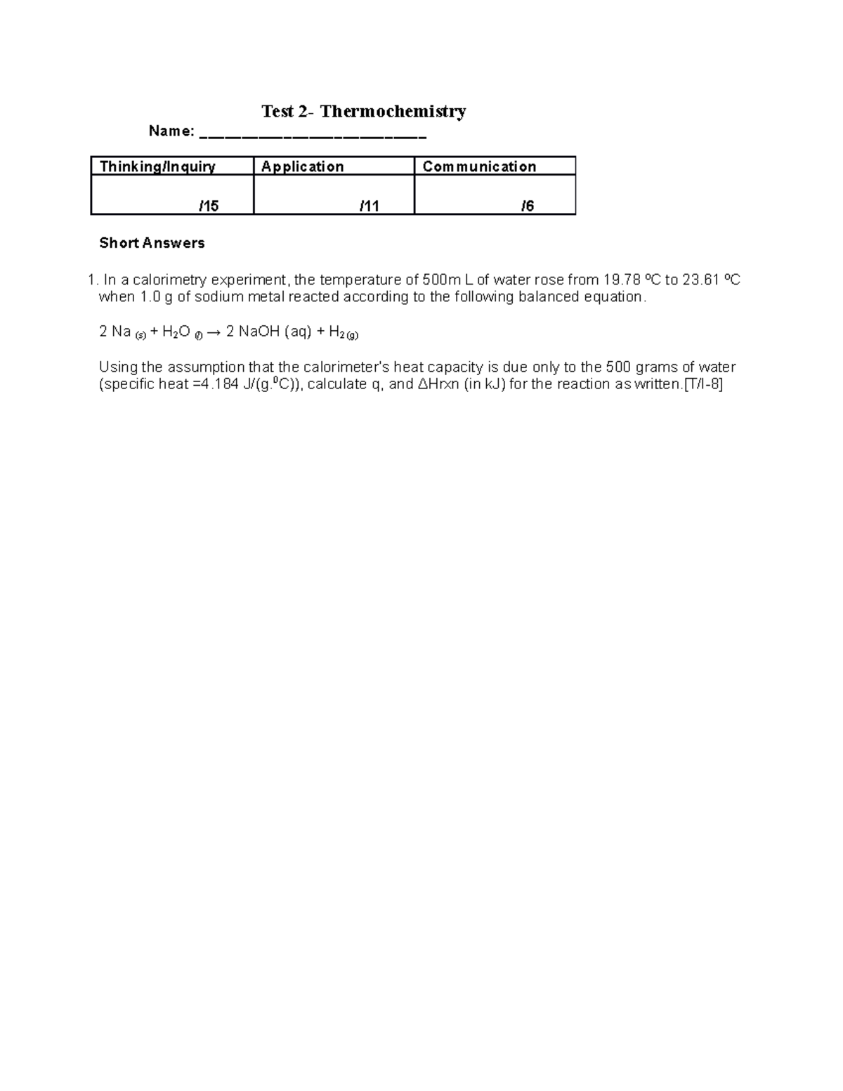 Test 2 -Thermochemistry. 12U - CHEM1021 - George Brown College - Studocu