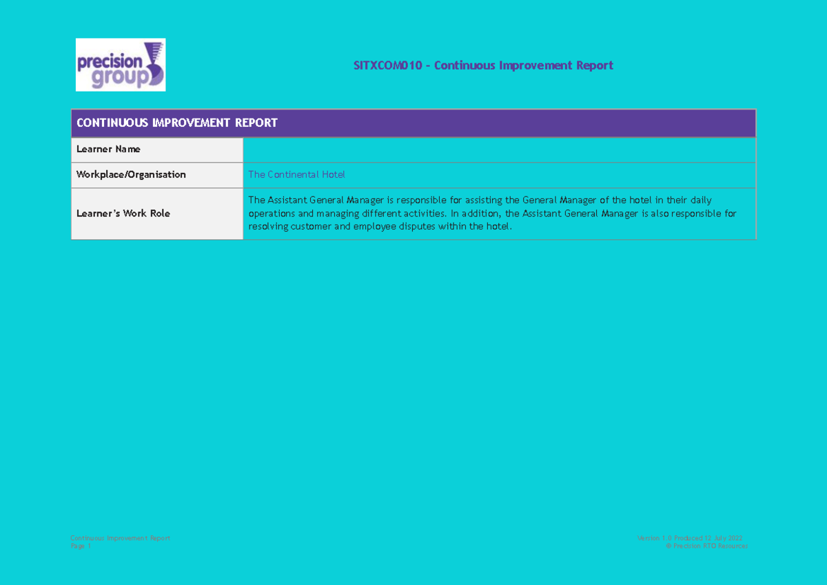 Improvement report - hjkk - SITXCOM010 – Continuous Improvement Report ...