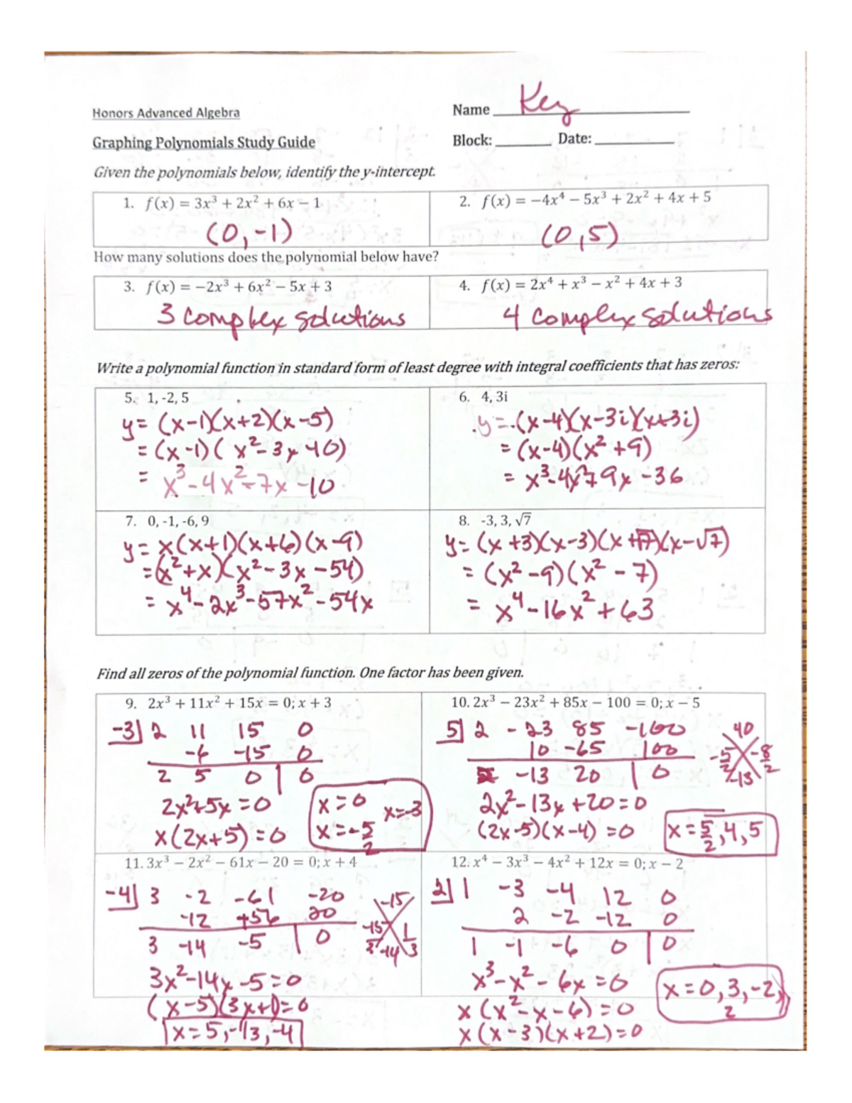 Graphing Poly St Guide Key - Honors Advanced Algebra Name Key Graphing ...