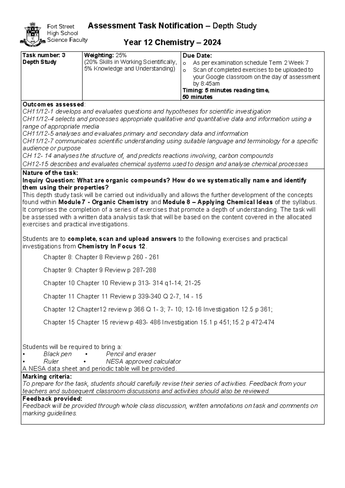 12 Chem 2024 Task 3 notification - Assessment Task Notification – Depth ...