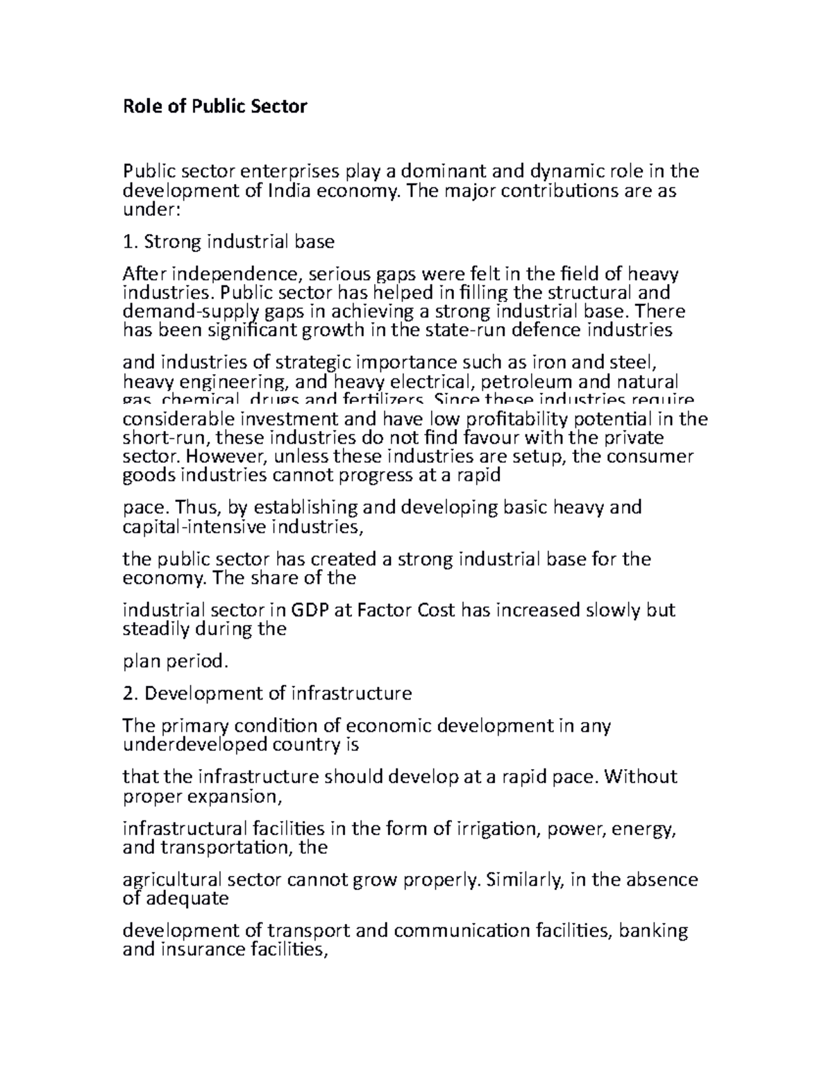 Role of Public Sector notes - Role of Public Sector Public sector ...