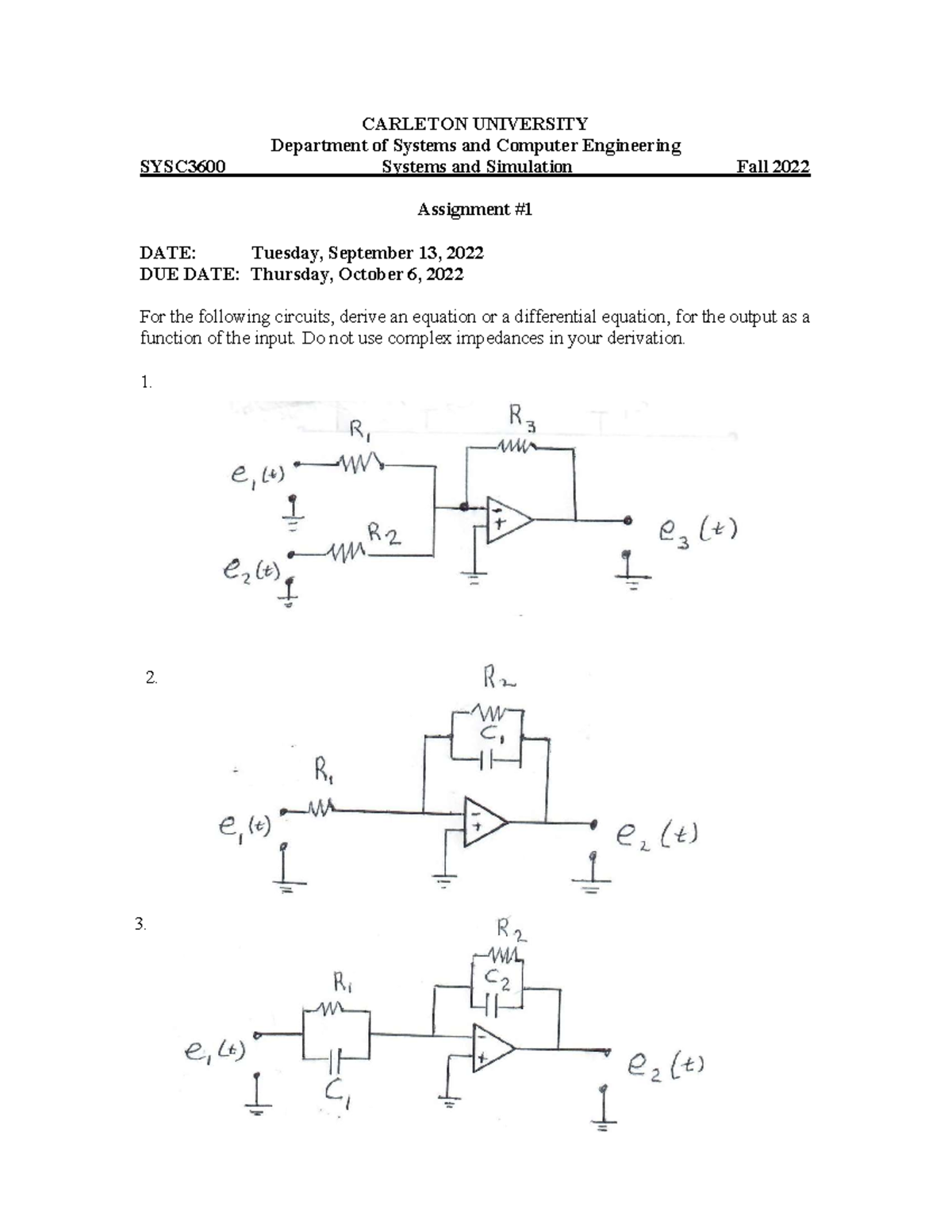 Assignment 1 - CARLETON UNIVERSITY Department of Systems and Computer Engineering SYSC3600 ...
