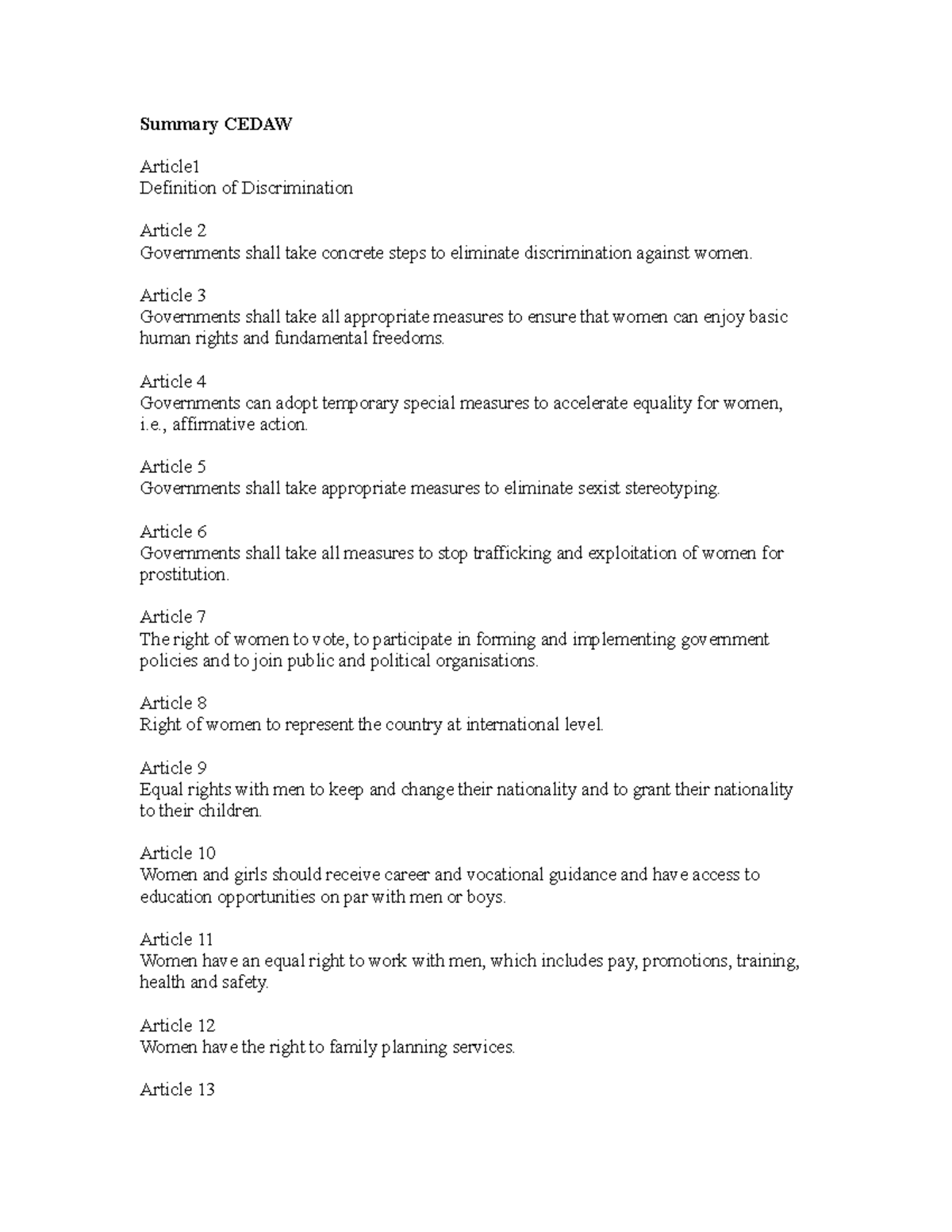 Summary Cedaw summary - Llb - KSLU - Studocu
