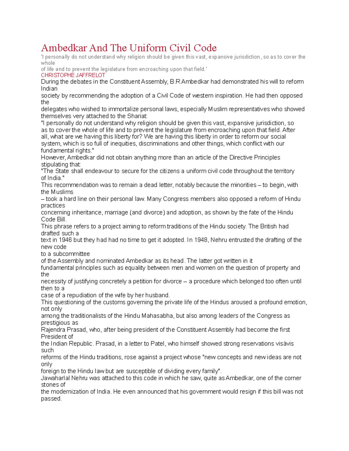 Ambedkar And The Uniform Civil Code - ' CHRISTOPHE JAFFRELOT During the ...