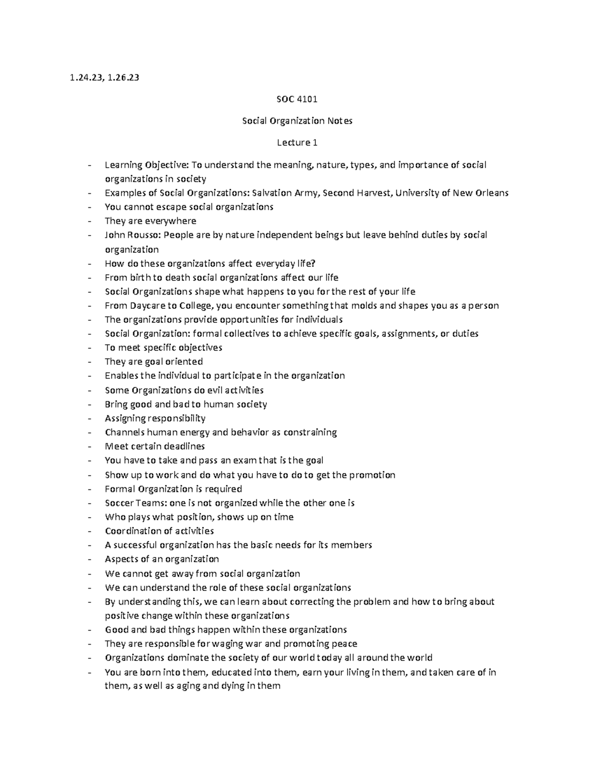 Social Organization Lecture 1 Notes - 1.24, 1. SOC 4101 Social ...