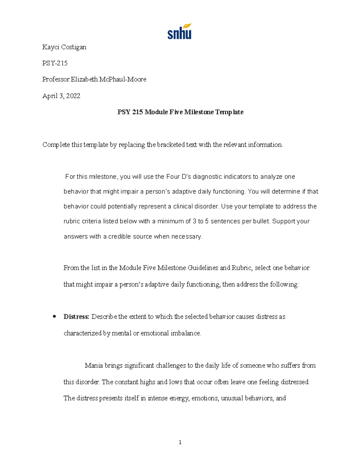 PSY 215 Module Five Milestone Template - Psy-215 - SNHU - Studocu