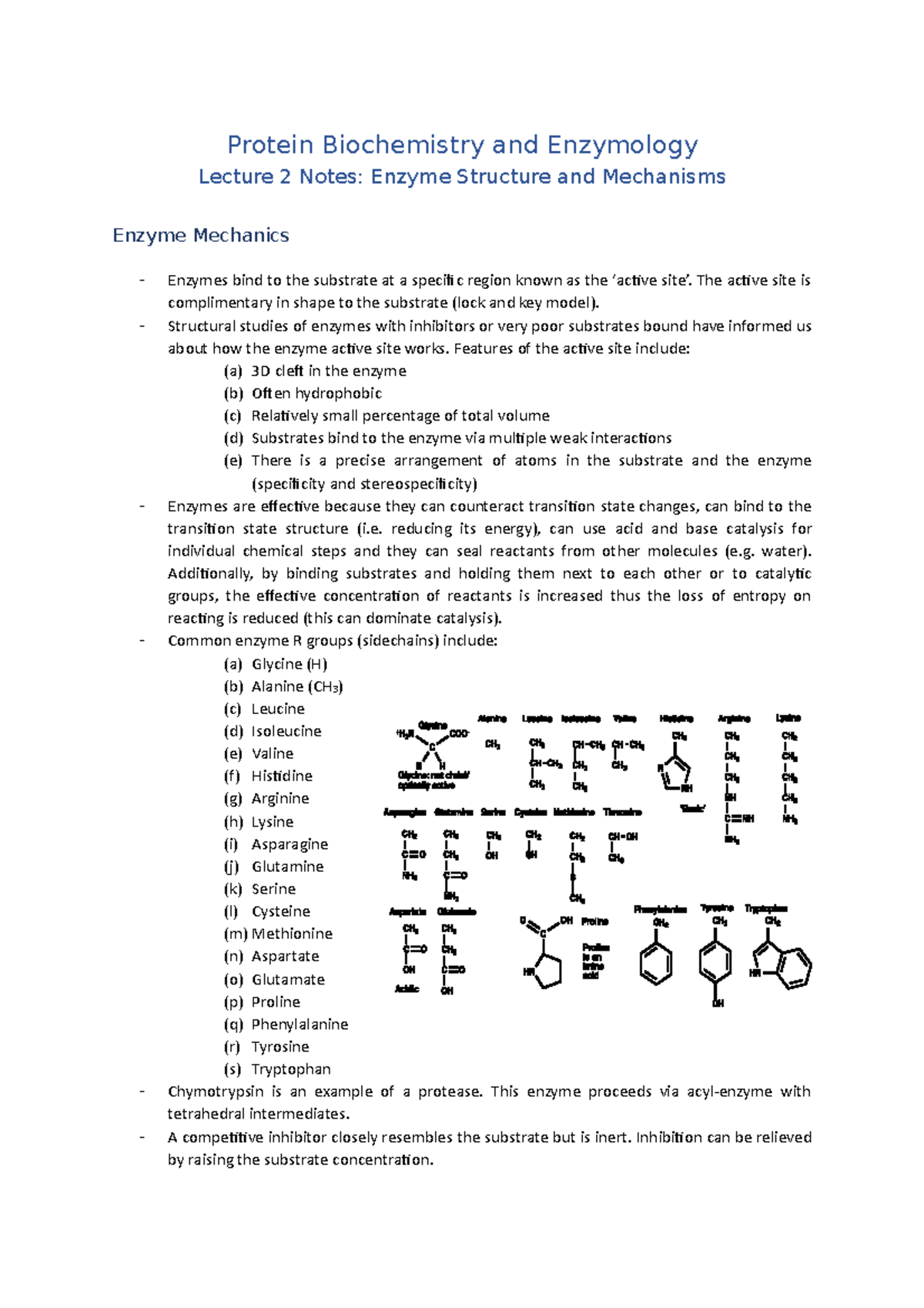 Lecture 2 Notes (Enzyme Structure and Mechanisms) - Protein ...