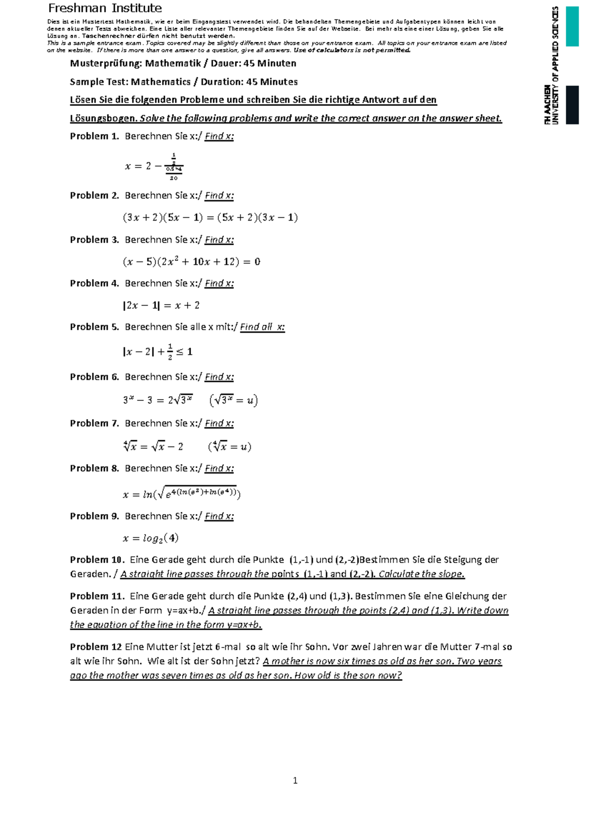2020 Math Sample Entrance Exam Muster Aufnahmeprüfung - 1 Musterprüfung ...