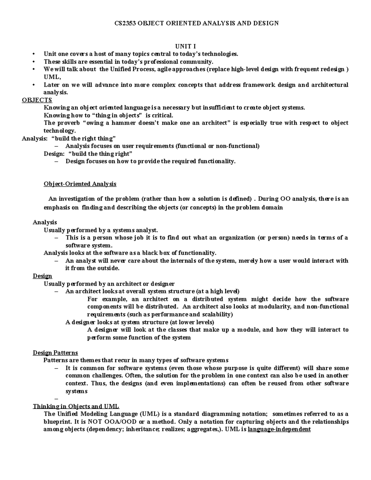 50090 - nil - CS2353 OBJECT ORIENTED ANALYSIS AND DESIGN UNIT I Unit one covers a host of many ...