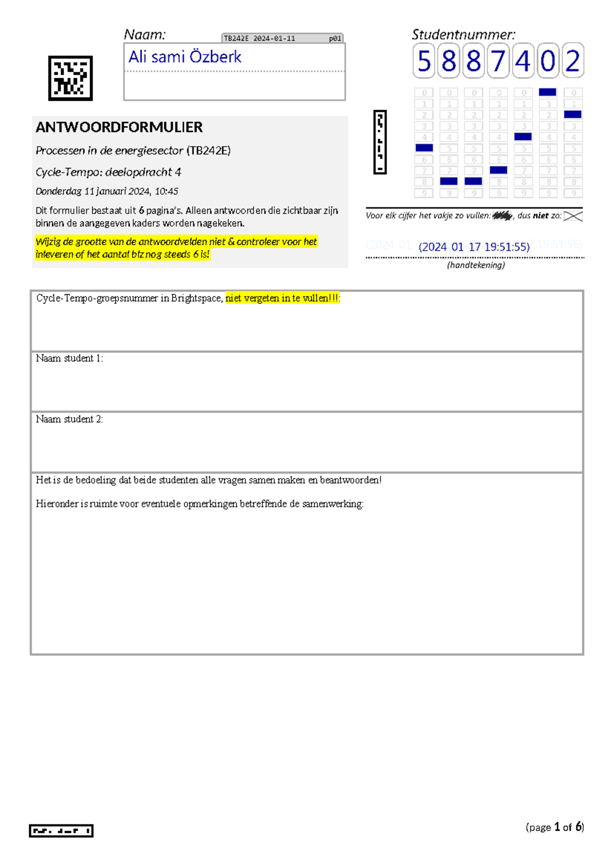 answer form voor TB STUDENTS WITH NOTES - ANTWOORDFORMULIER Processen ...