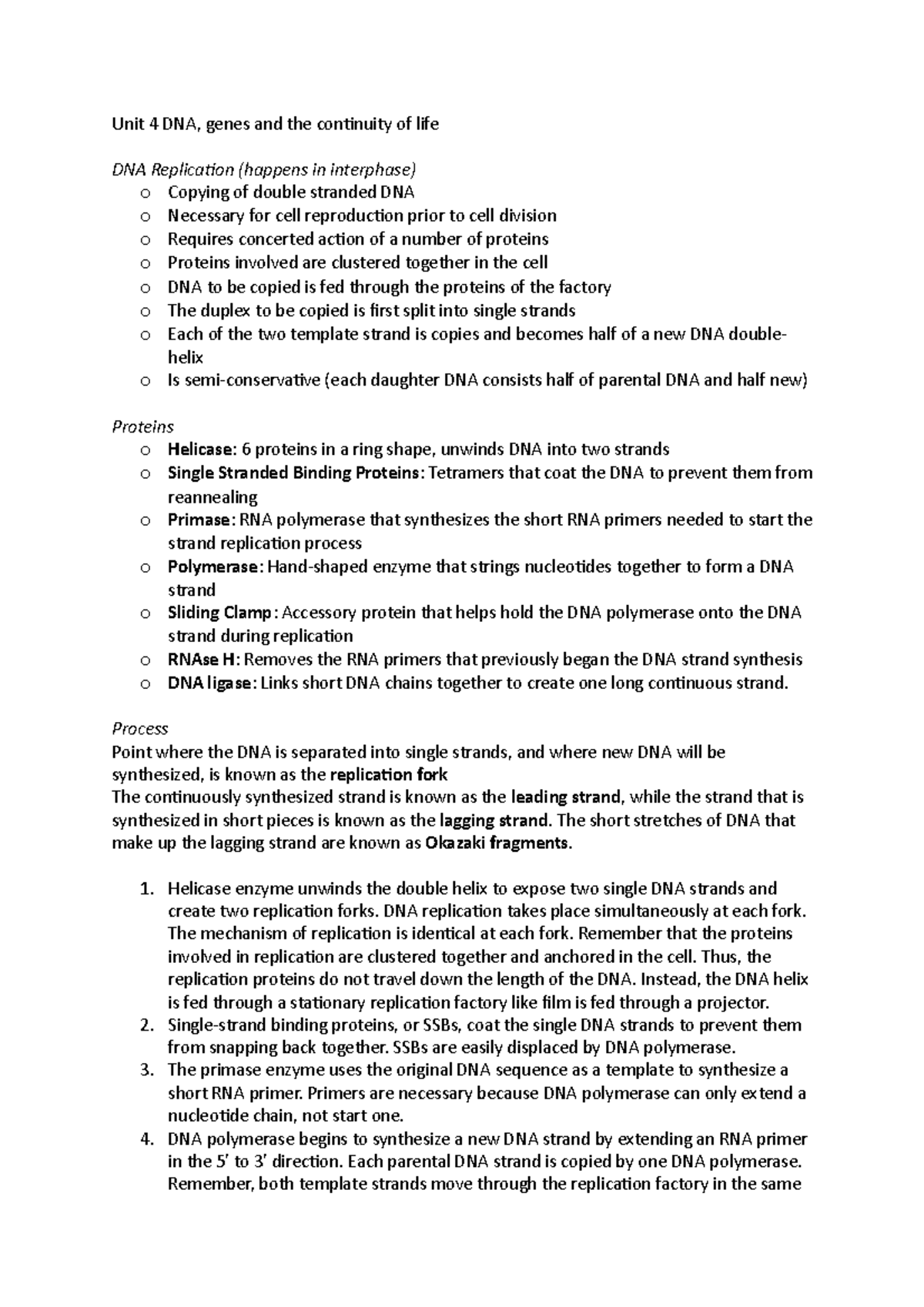 DNA and continuity of life lecture notes - Unit 4 DNA, genes and the ...