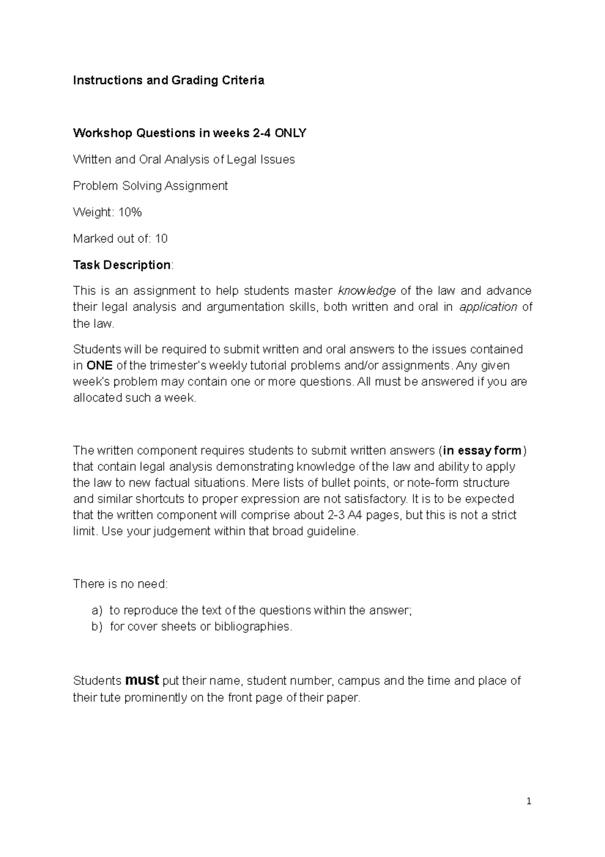 Tute Instructions and Grading Criteria - Instructions and Grading Criteria Workshop Questions in ...