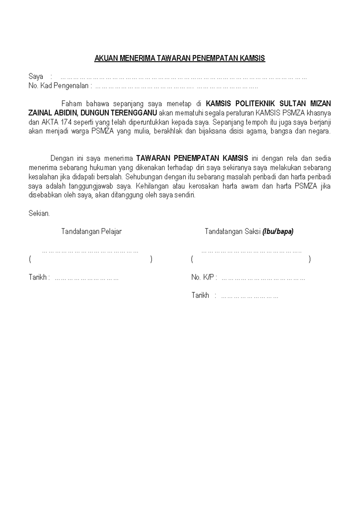 7. Borang Kamsis Asrama-1 - AKUAN MENERIMA TAWARAN PENEMPATAN KAMSIS ...