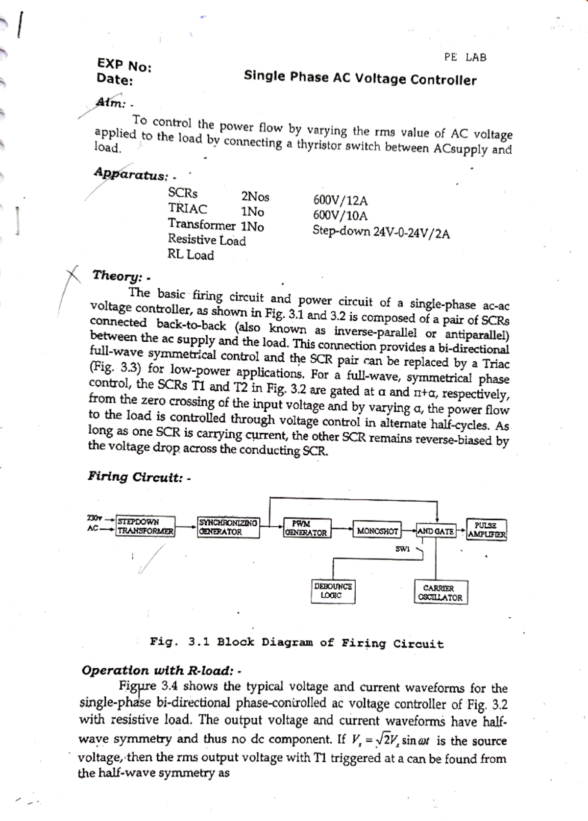 1 ph ac voltage controller with R, RL load - PE LAB EXP No: Single ...