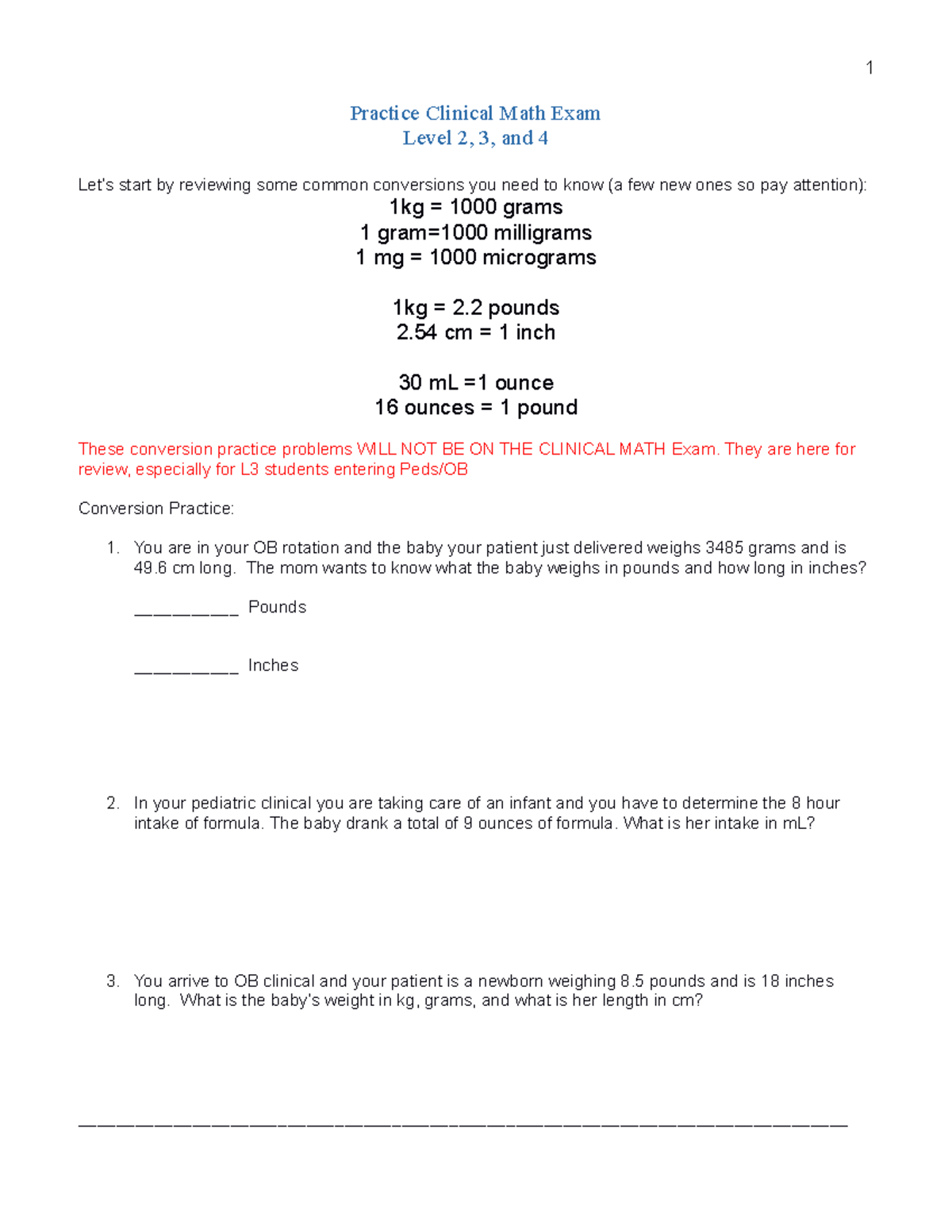 Clinical Math Exam Practice L2 L3 L4 - Practice Clinical Math Exam ...