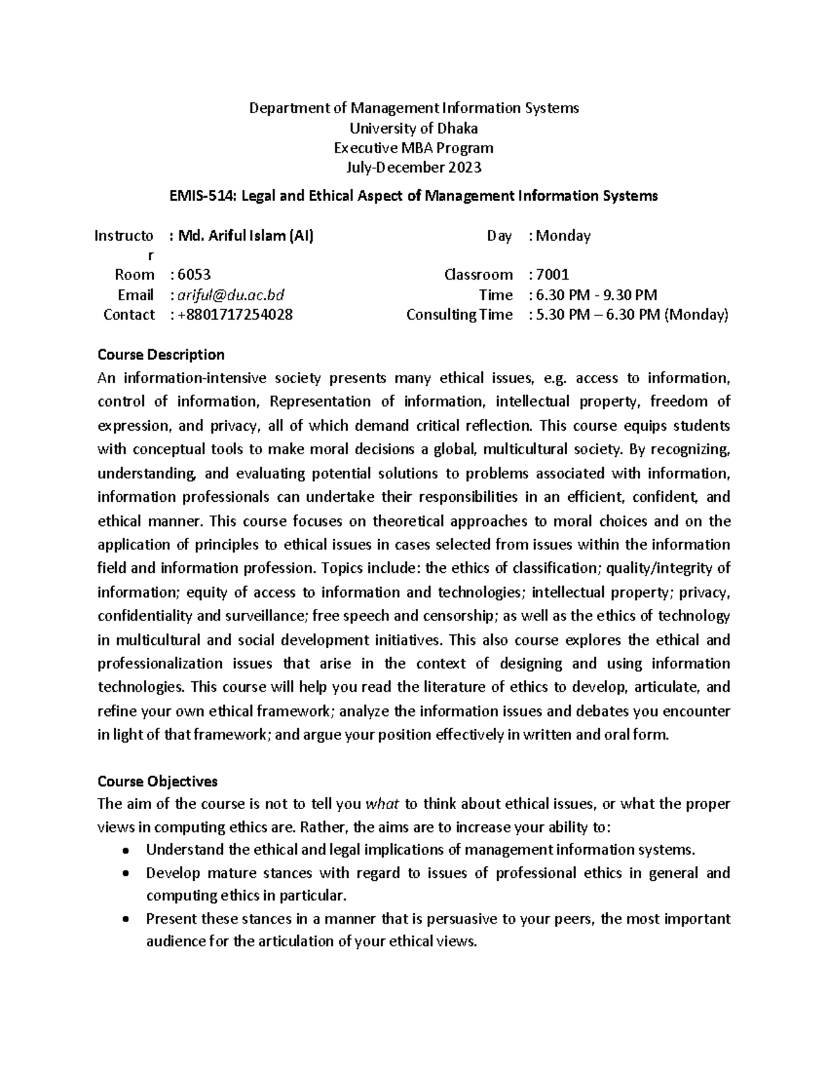 Course Outline - Department of Management Information Systems ...